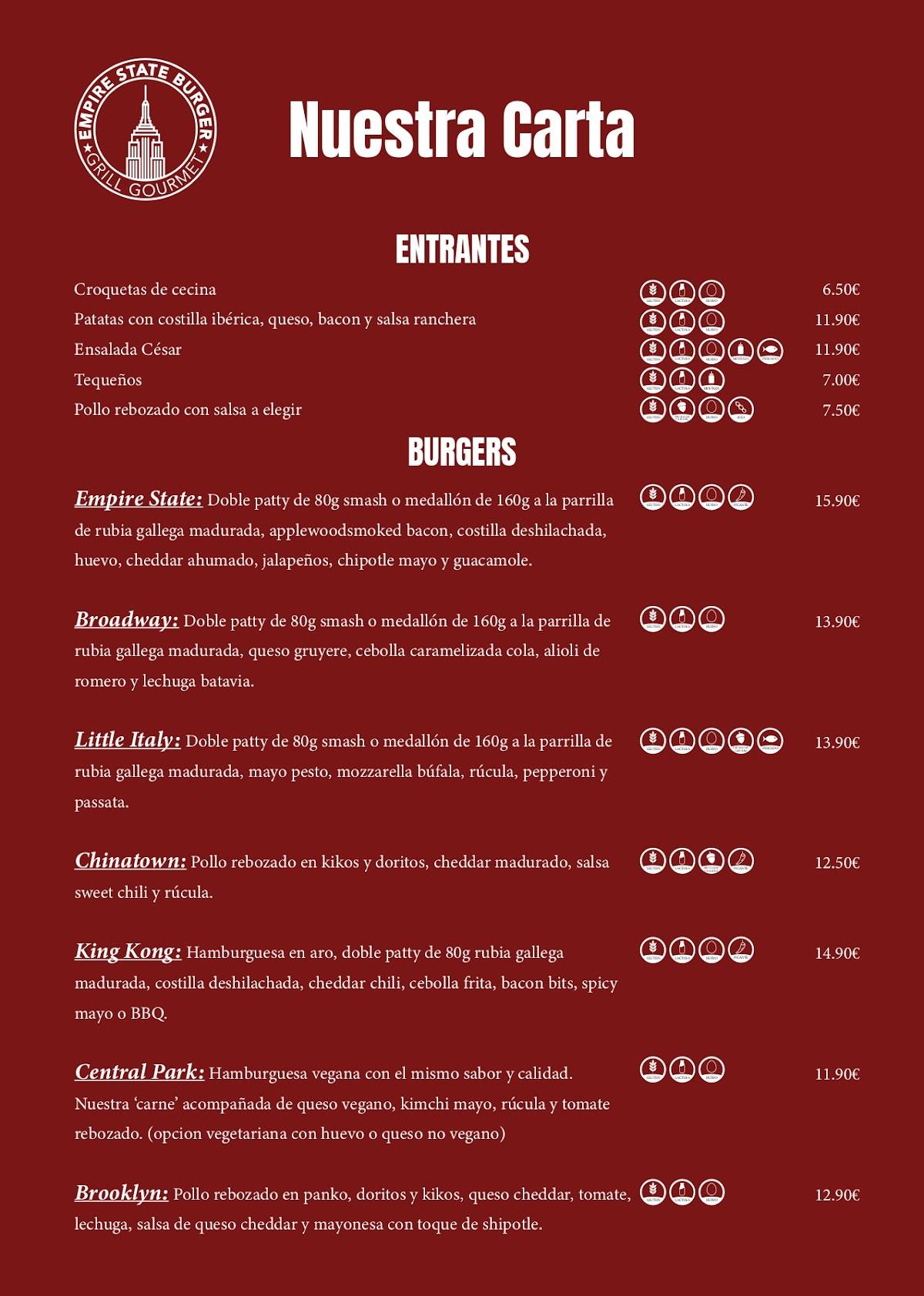 Carta del restaurante Empire State Burger, Sevilla