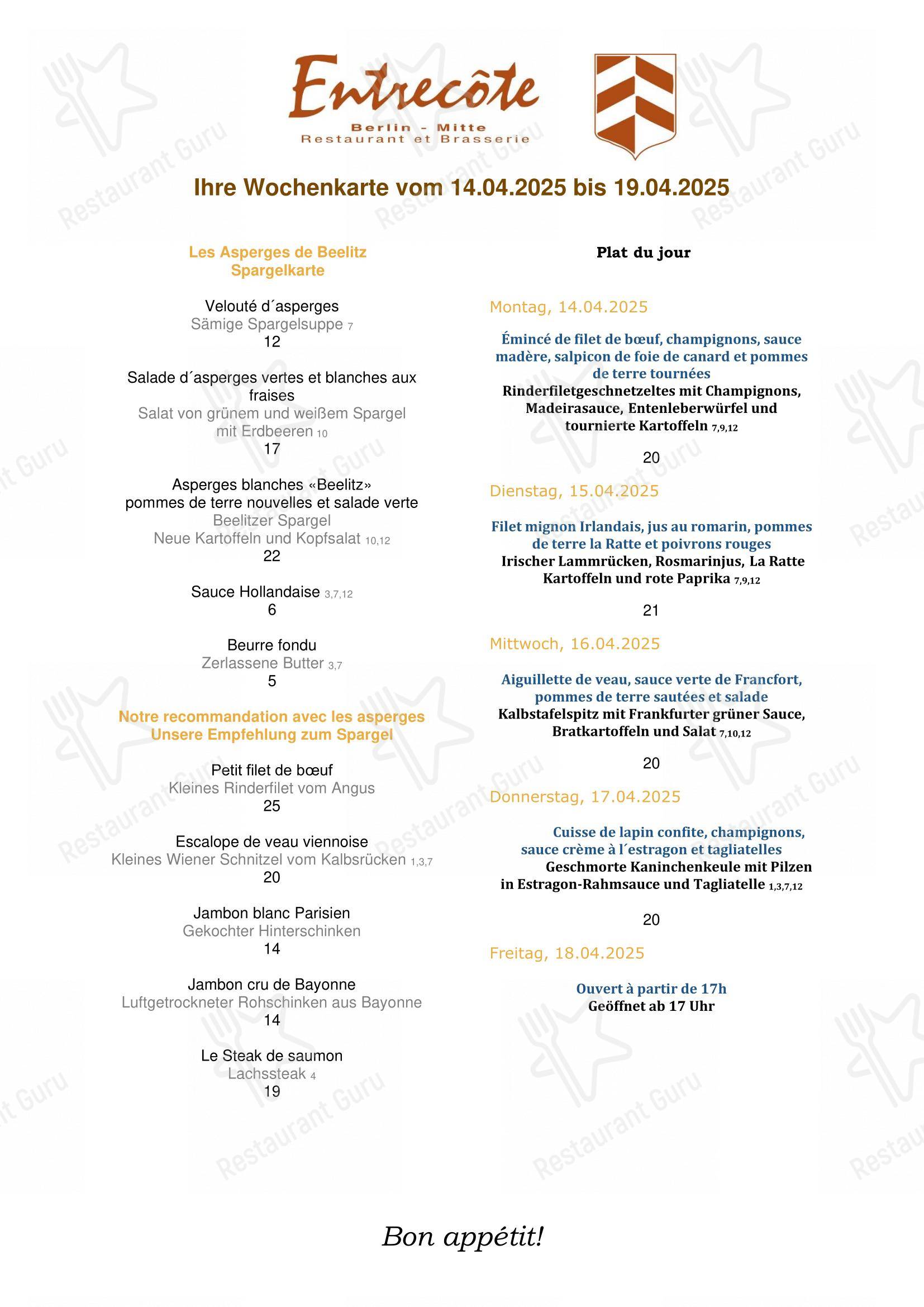 Menu at Entrecôte restaurant, Berlin