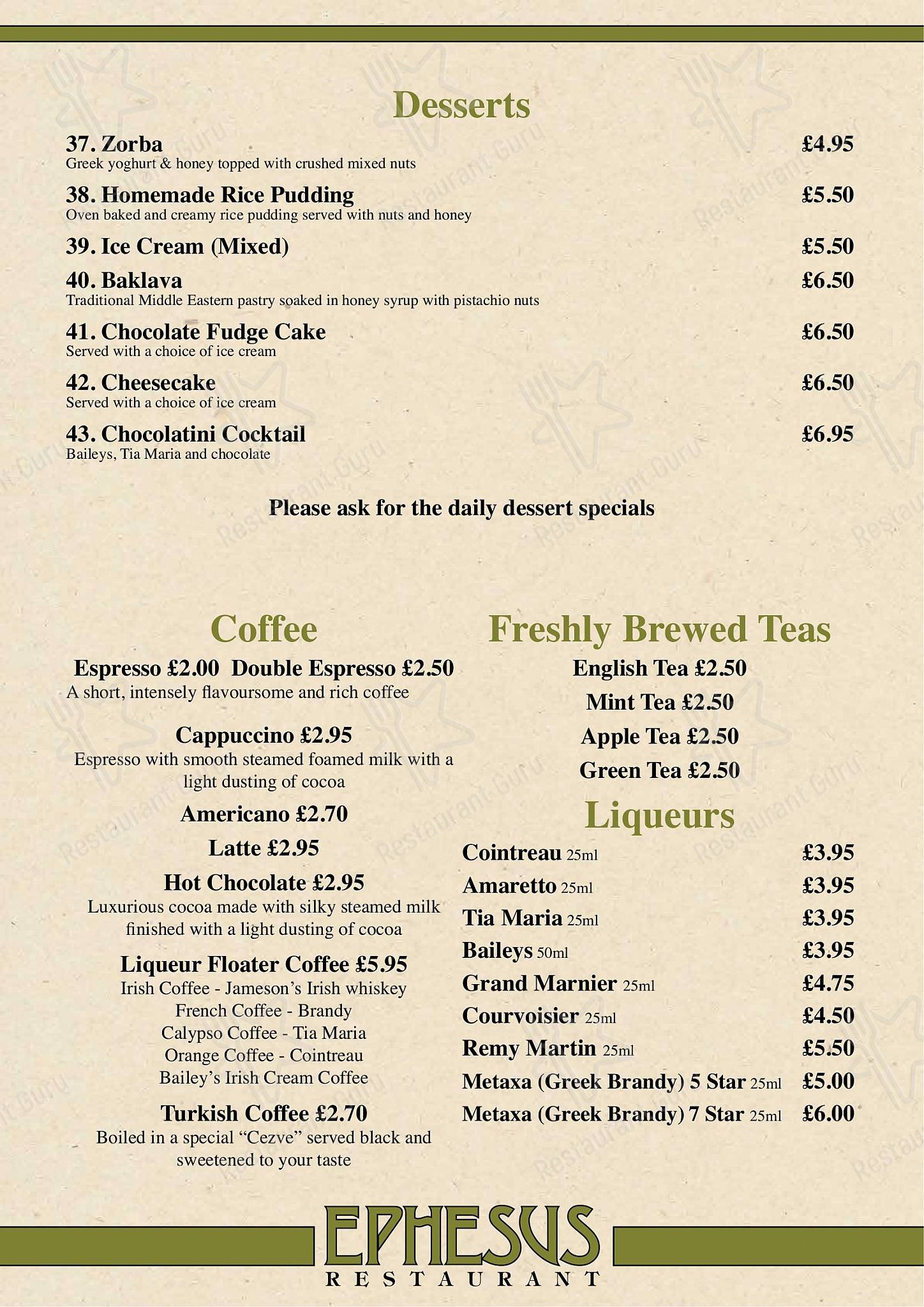 Menu at Ephesus Restaurant Torquay, Torquay