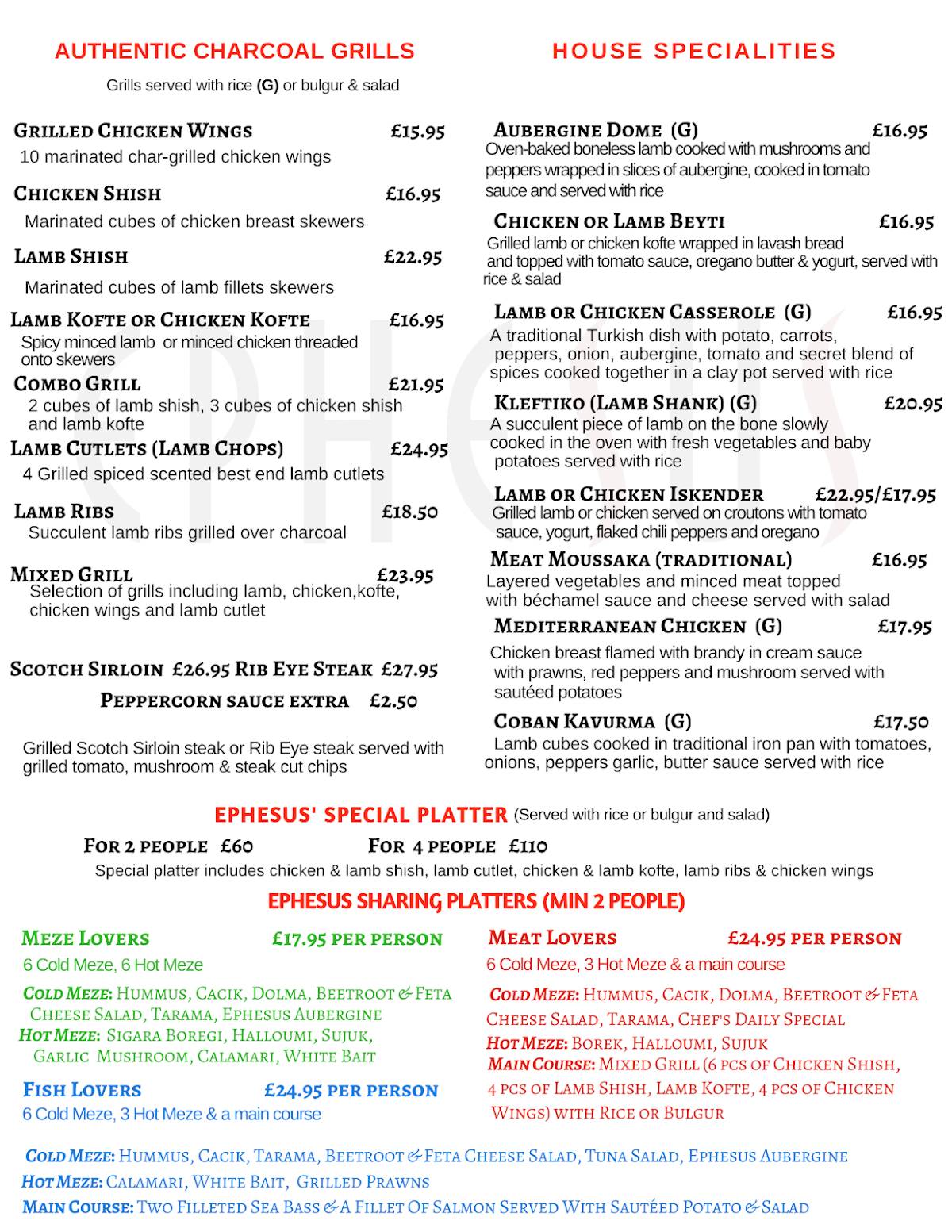 Menu at Ephesus Restaurant, Orpington, 243 High St.