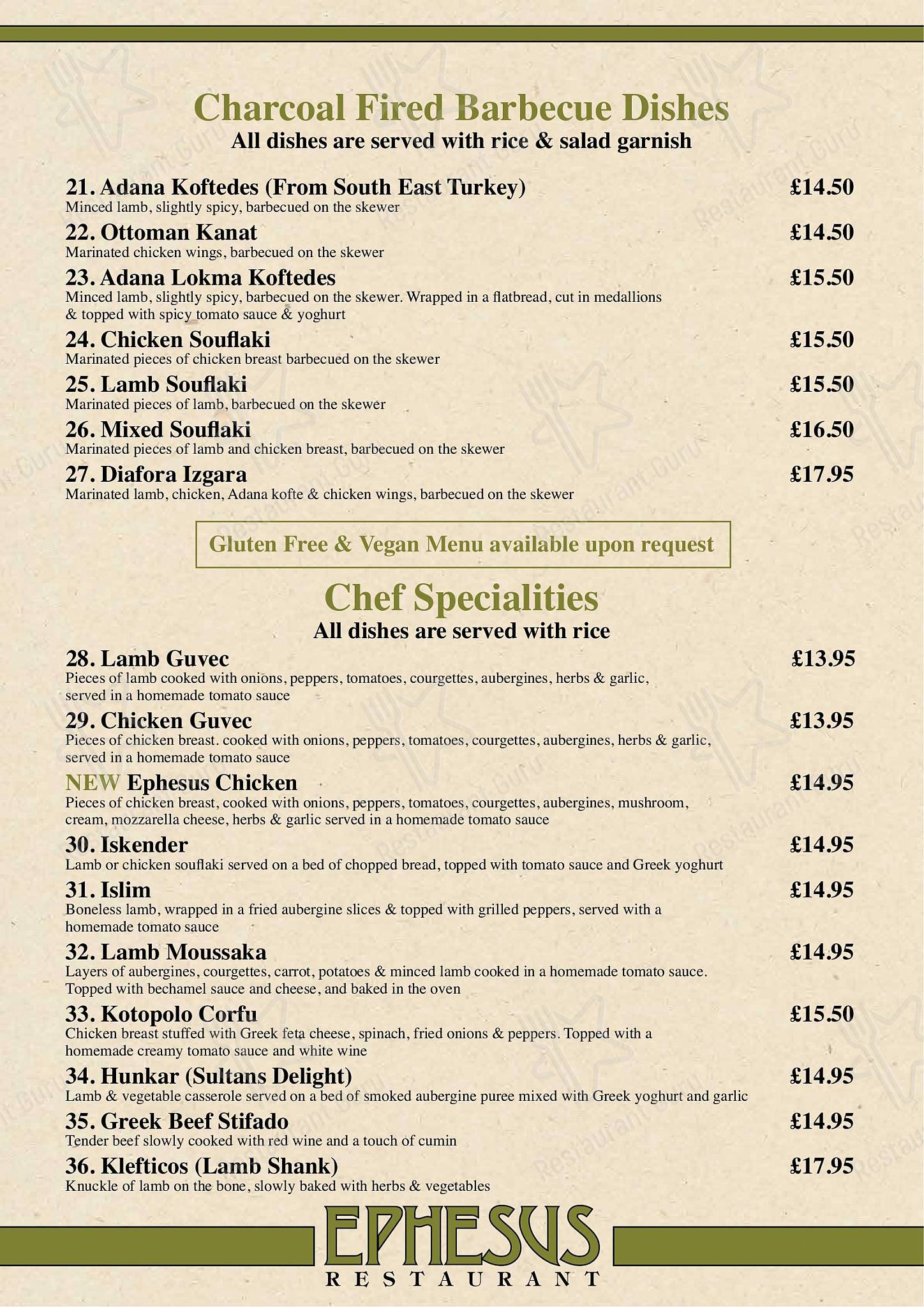 Menu at Ephesus Restaurant Torquay, Torquay