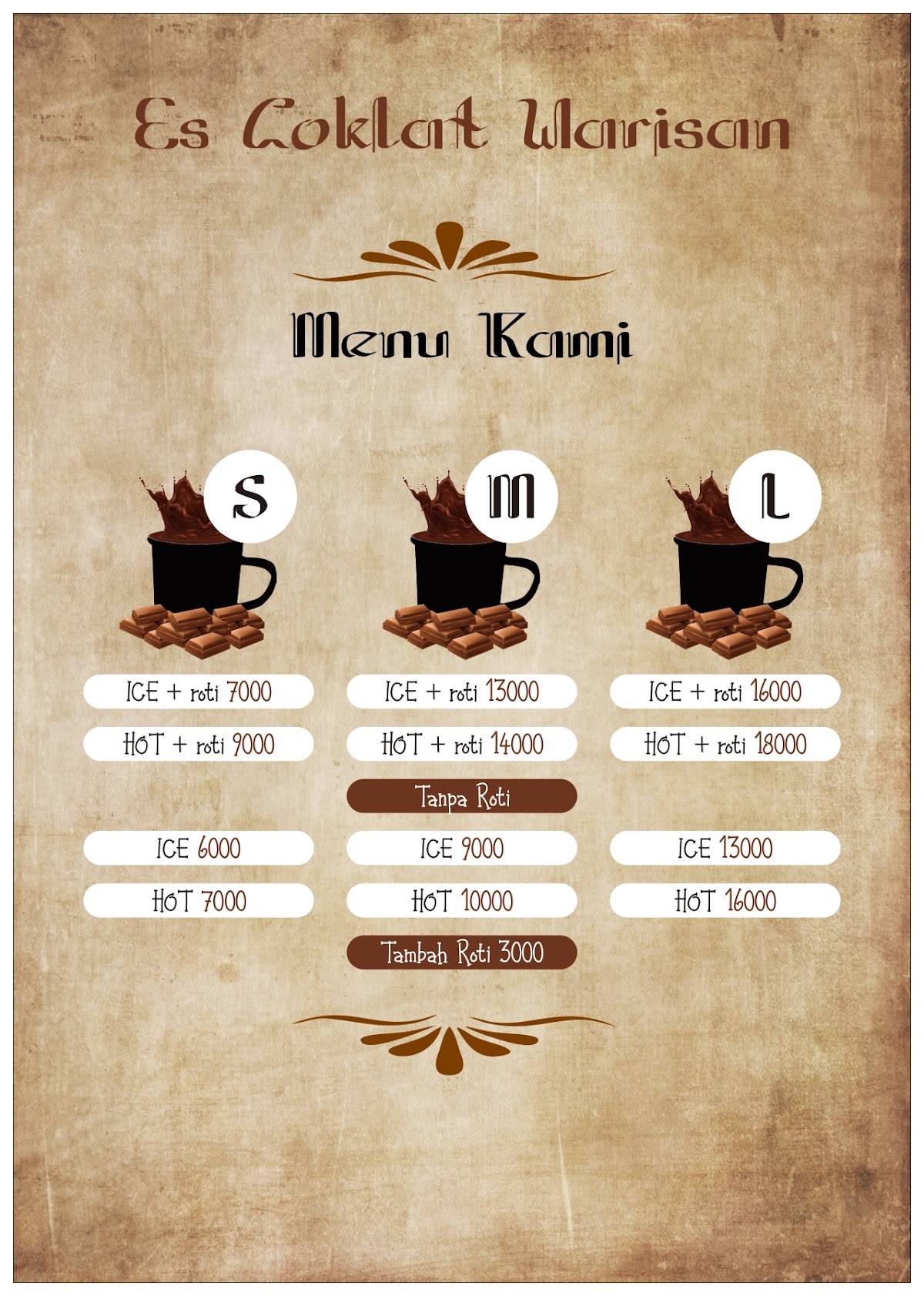 Menu at Es Coklat Warisan cafe, Yogyakarta