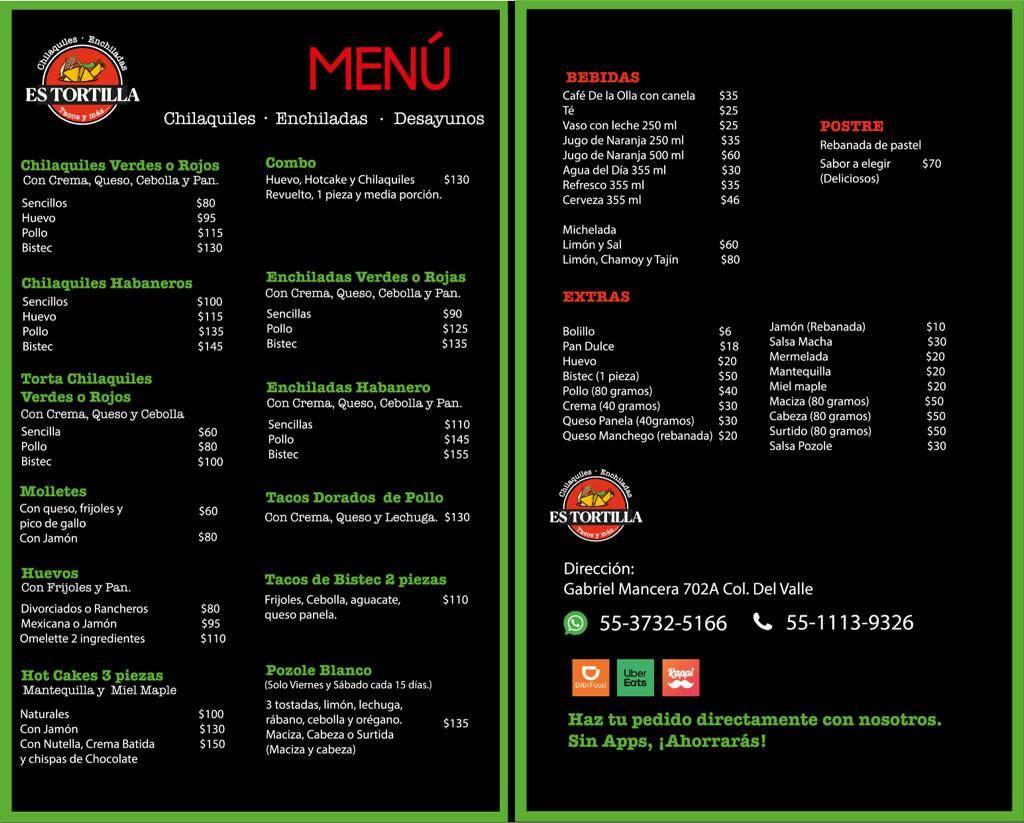 Menu at Es Tortilla restaurant, Mexico City