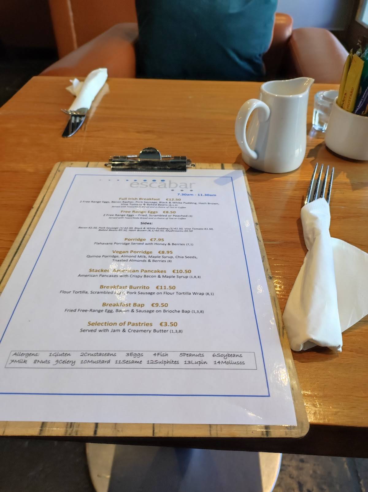 Menu at Escabar, Longford