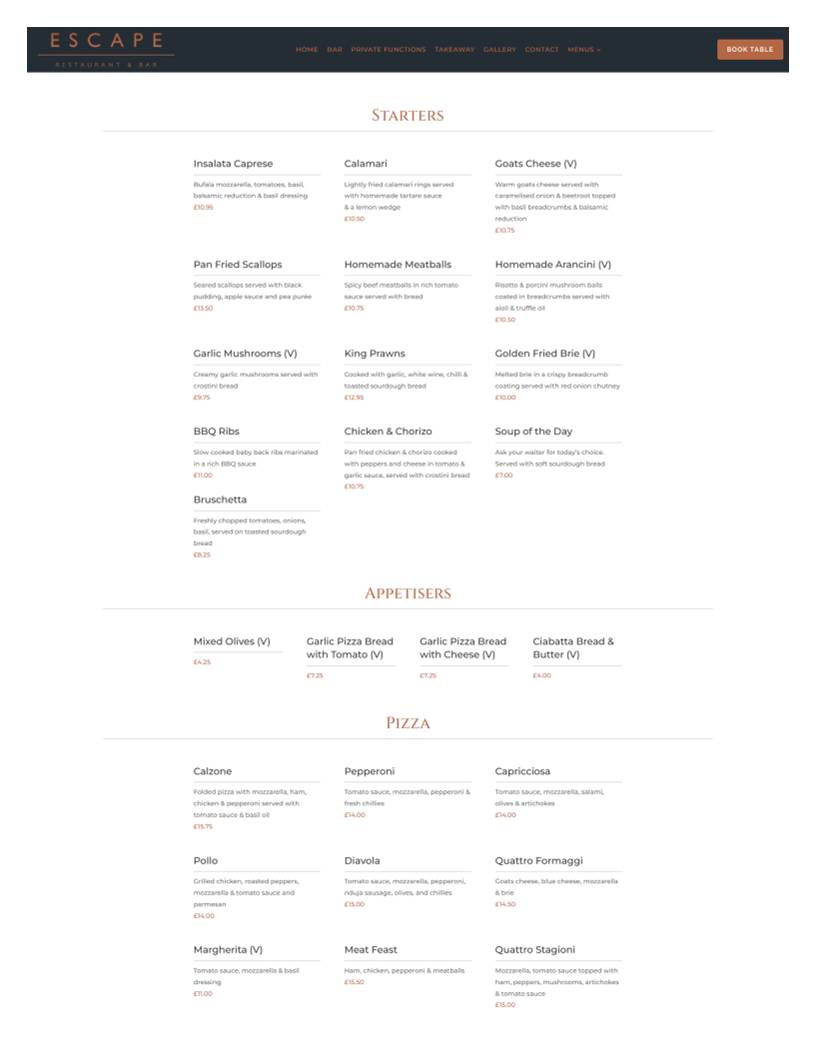 Menu at Escape Restaurant & Bar, Leeds