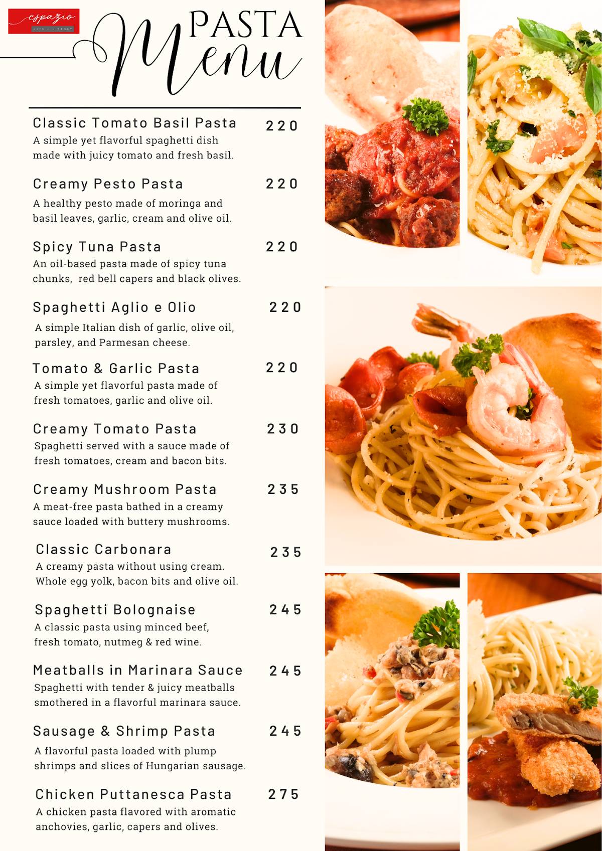 Carta del restaurante Espazio: Arts + Food + History, Tacloban