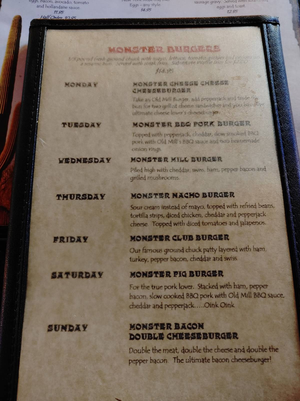 Menu at The Old Mill Saloon pub & bar, Estacada