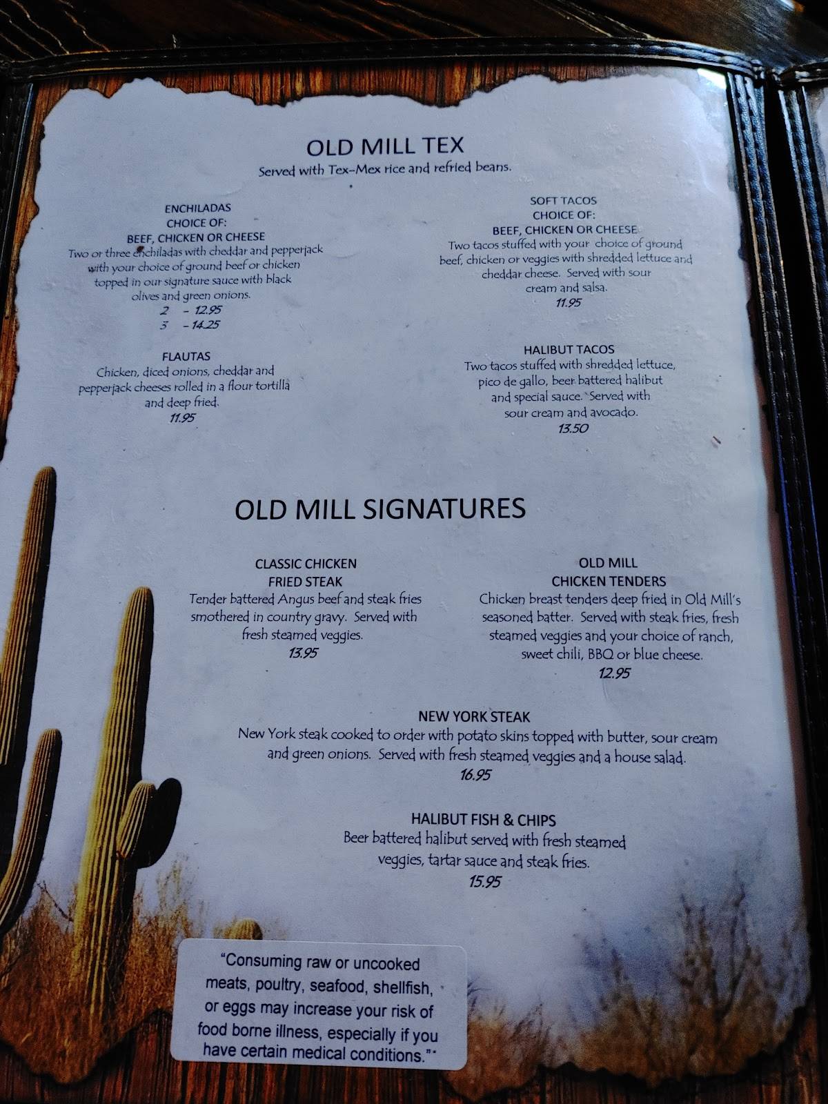 Menu at The Old Mill Saloon pub & bar, Estacada