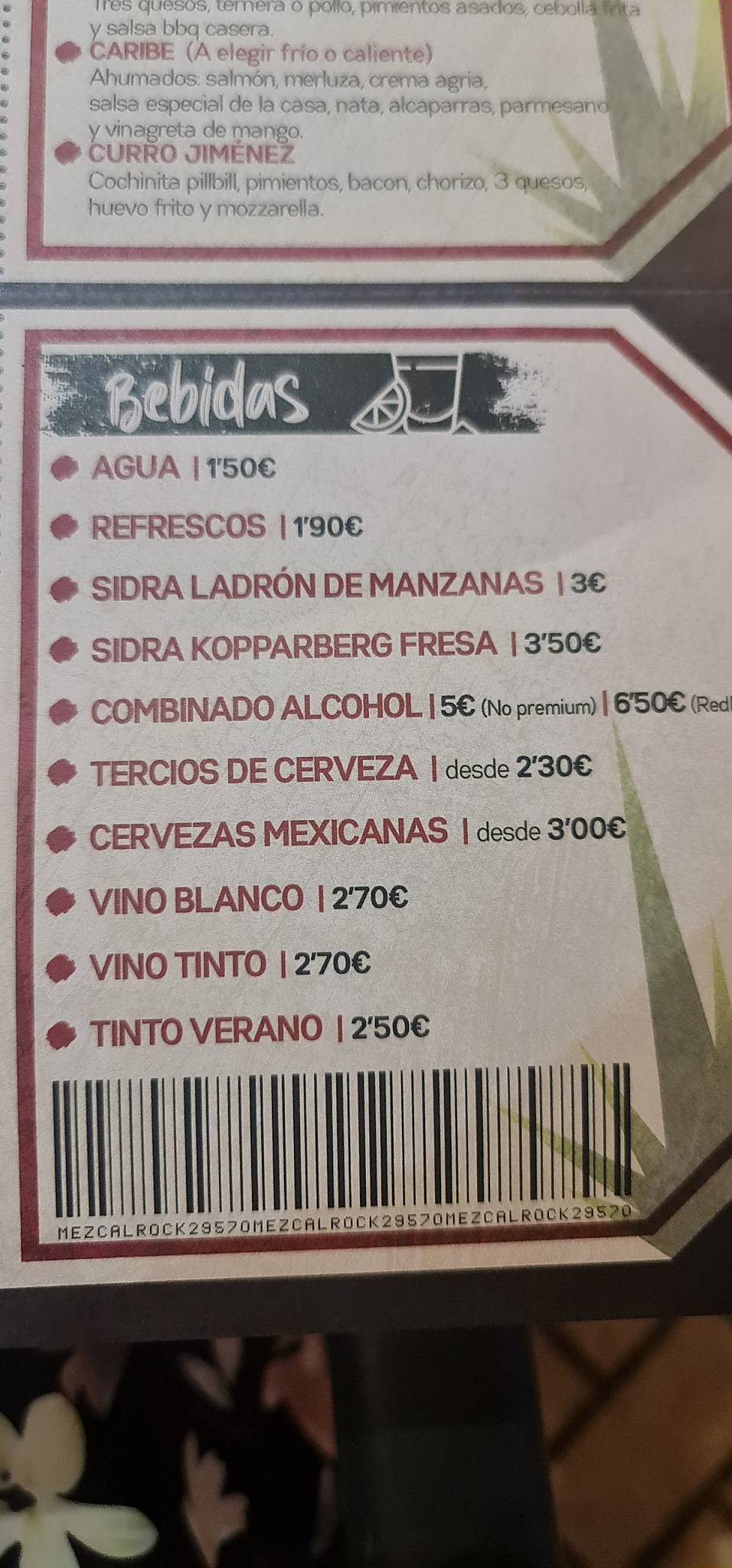 Carta del restaurante Mezcal Rock Gourmet, Estación del Cártama