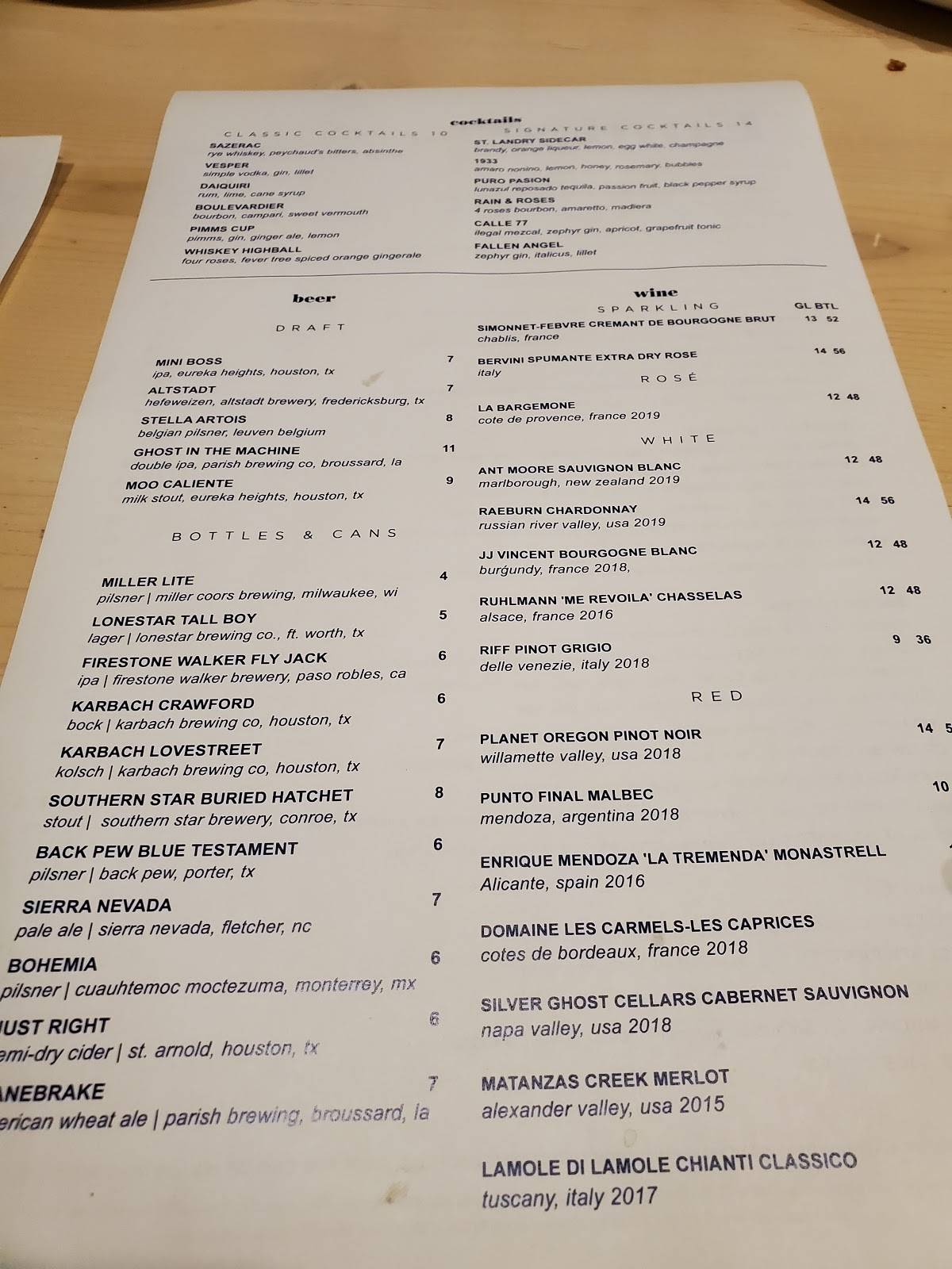 Menu at Eunice restaurant, Houston