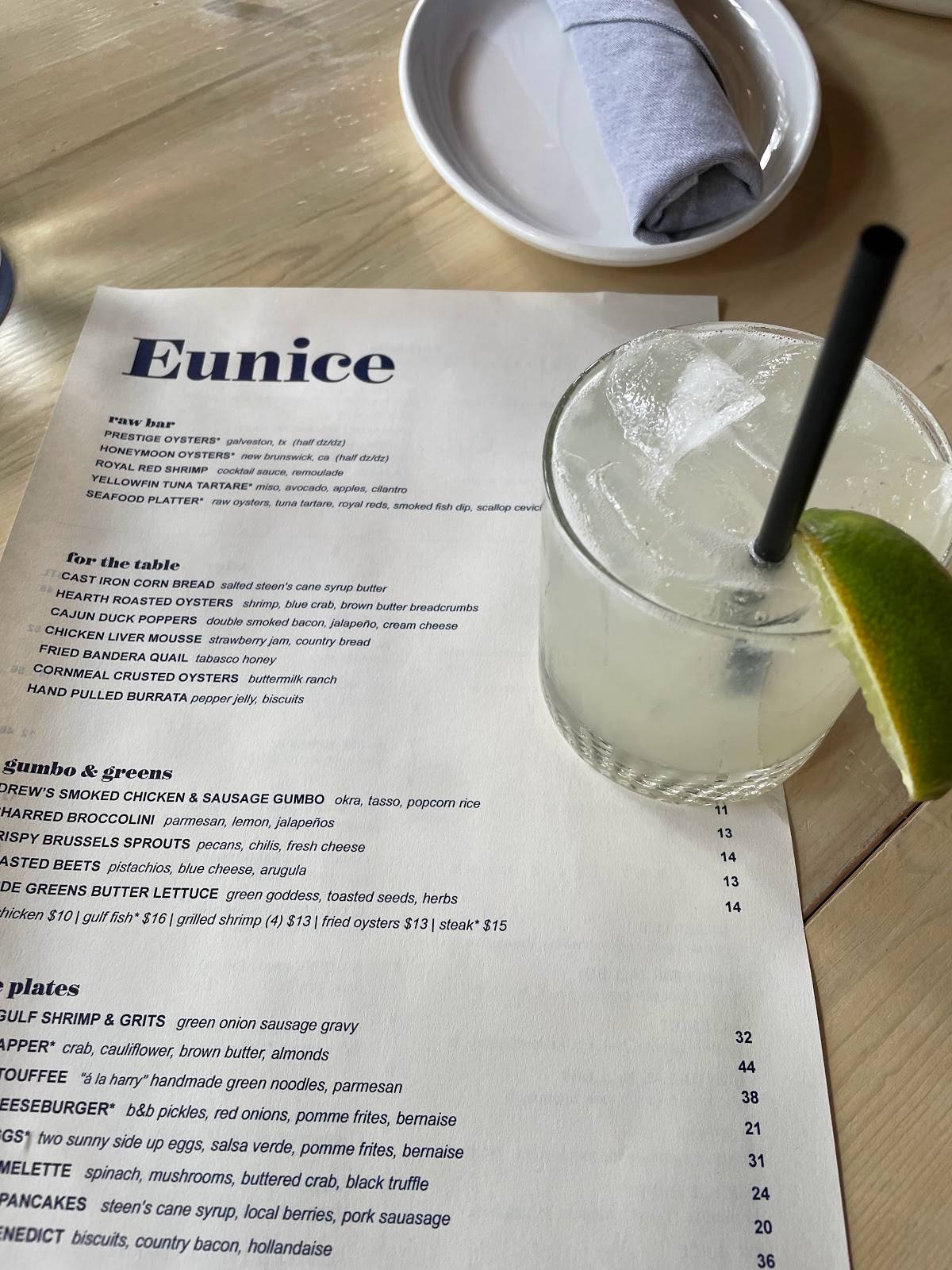 Menu at Eunice restaurant, Houston