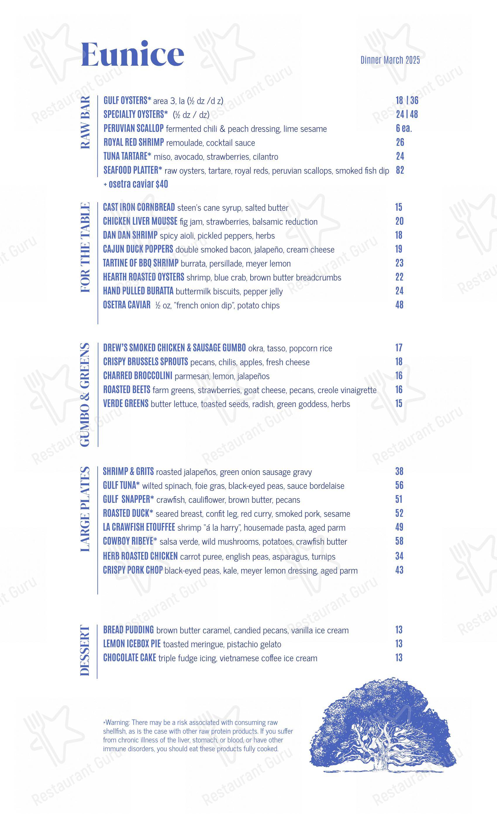 Menu at Eunice restaurant, Houston