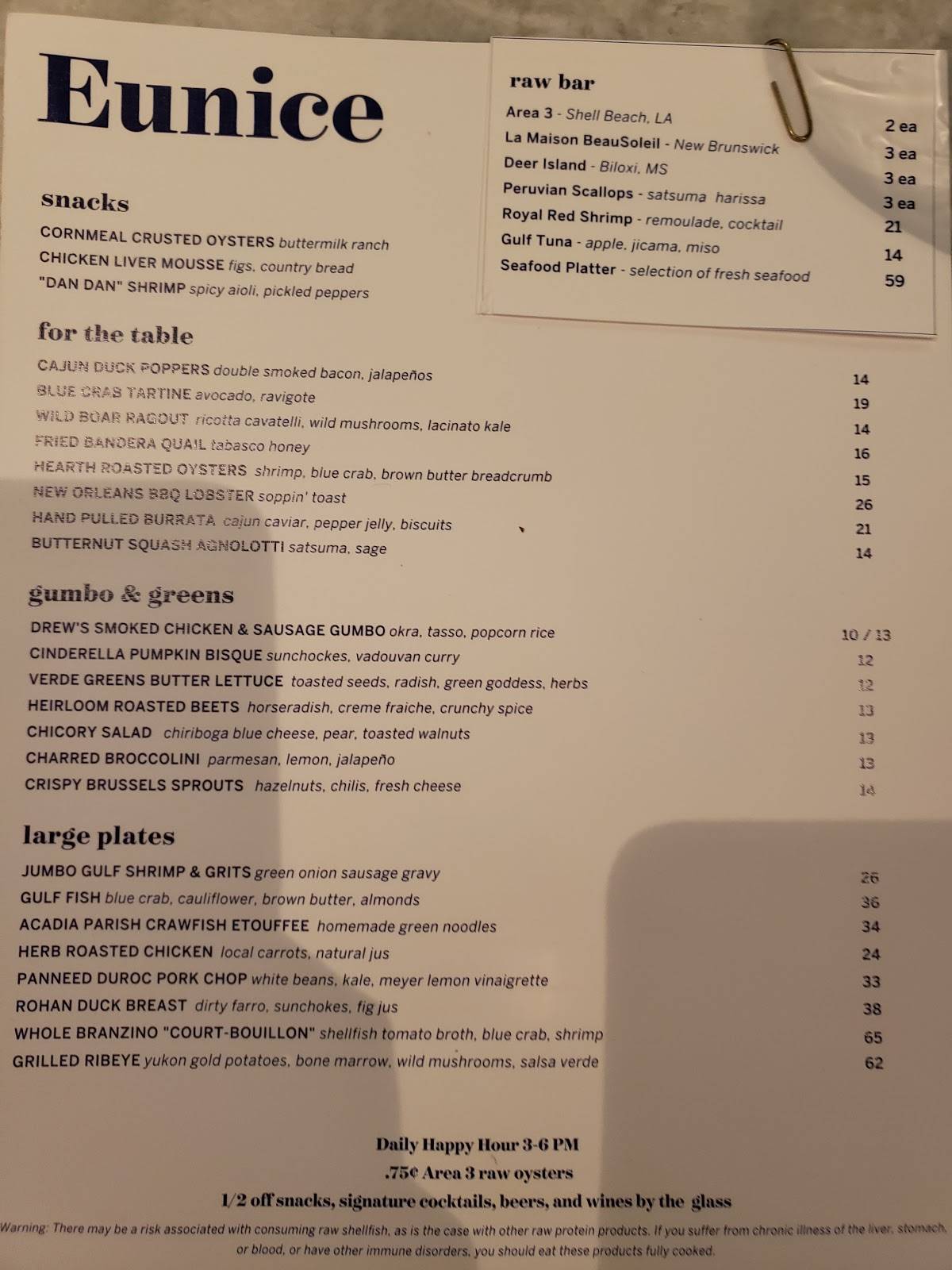 Menu at Eunice restaurant, Houston