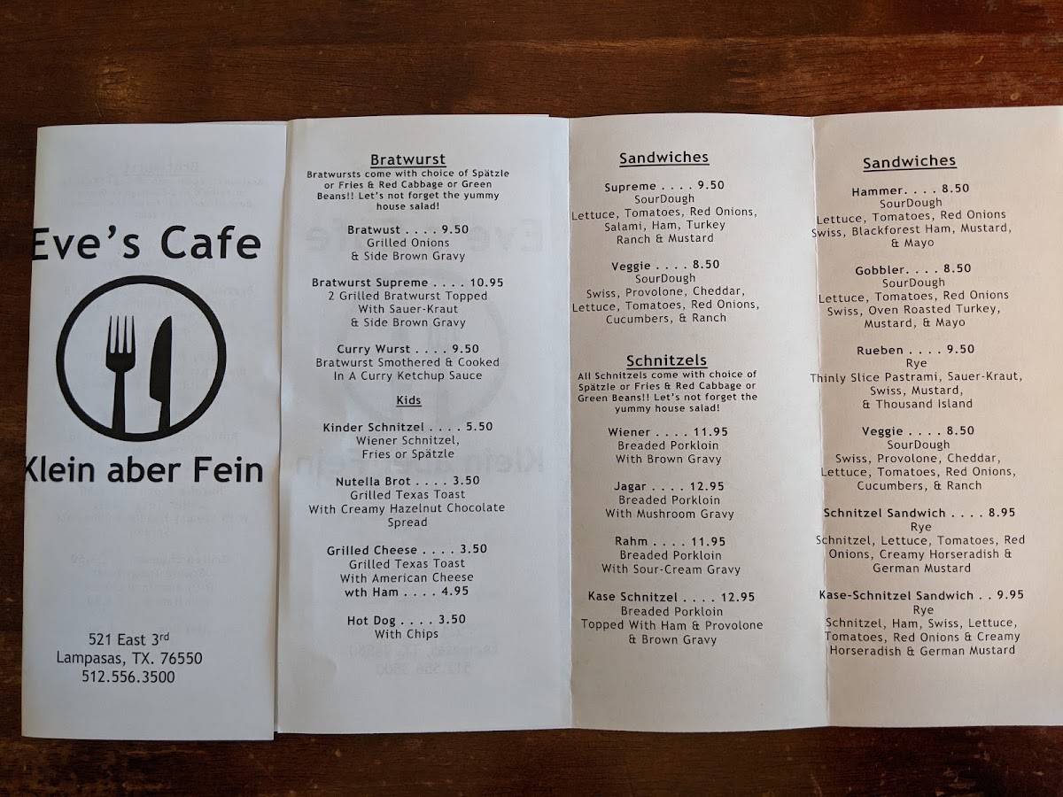 Menu at Eve's Cafe, Lampasas