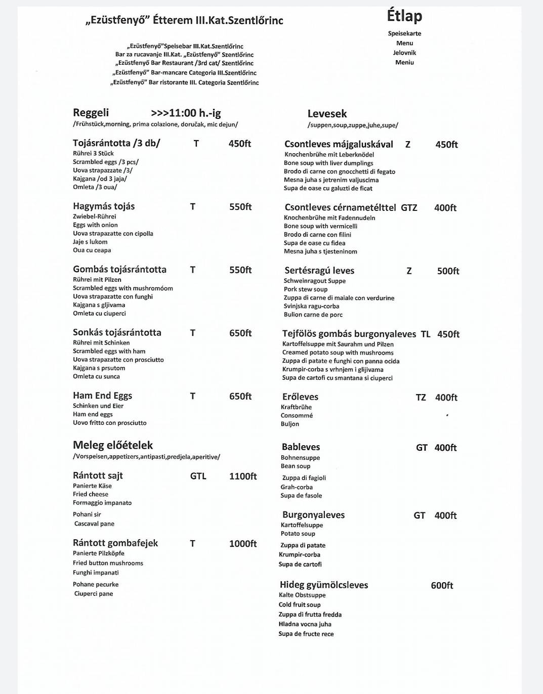 Menu at Ezüstfenyő Étterem restaurant, Szentlőrinc