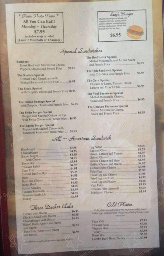 Menu at Ezzy's restaurant, Rochester, 885 Buffalo Rd