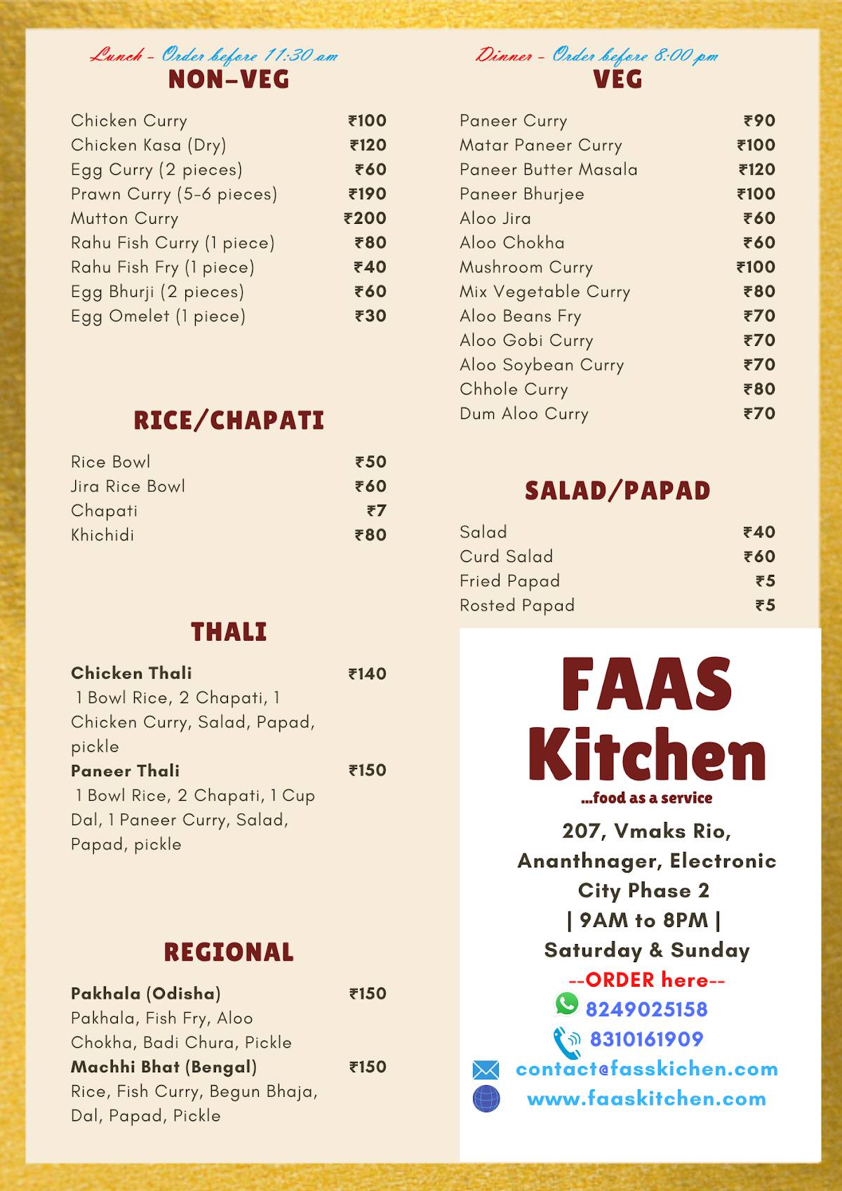 Menu at FAAS Kitchen, Bengaluru