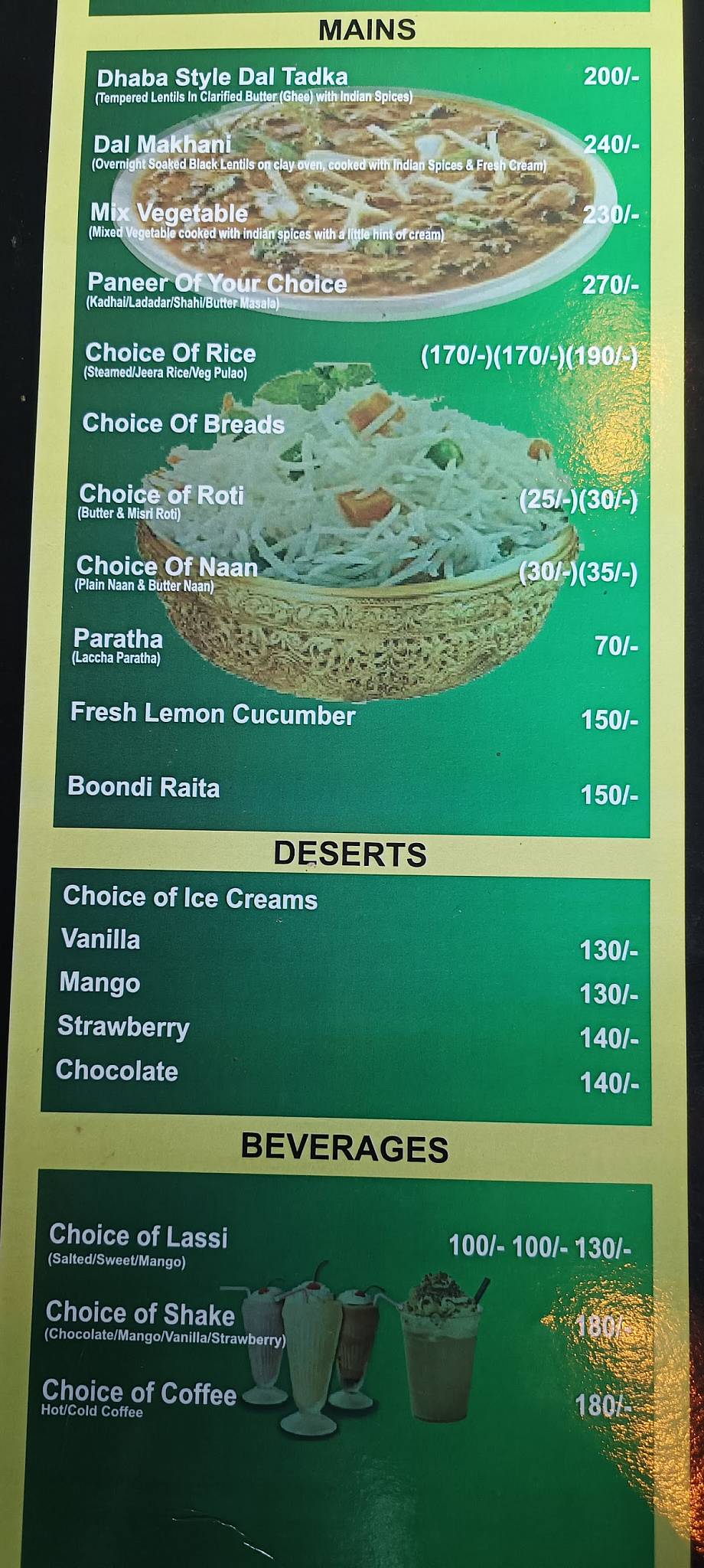 Menu at FBI BAR, Sonipat