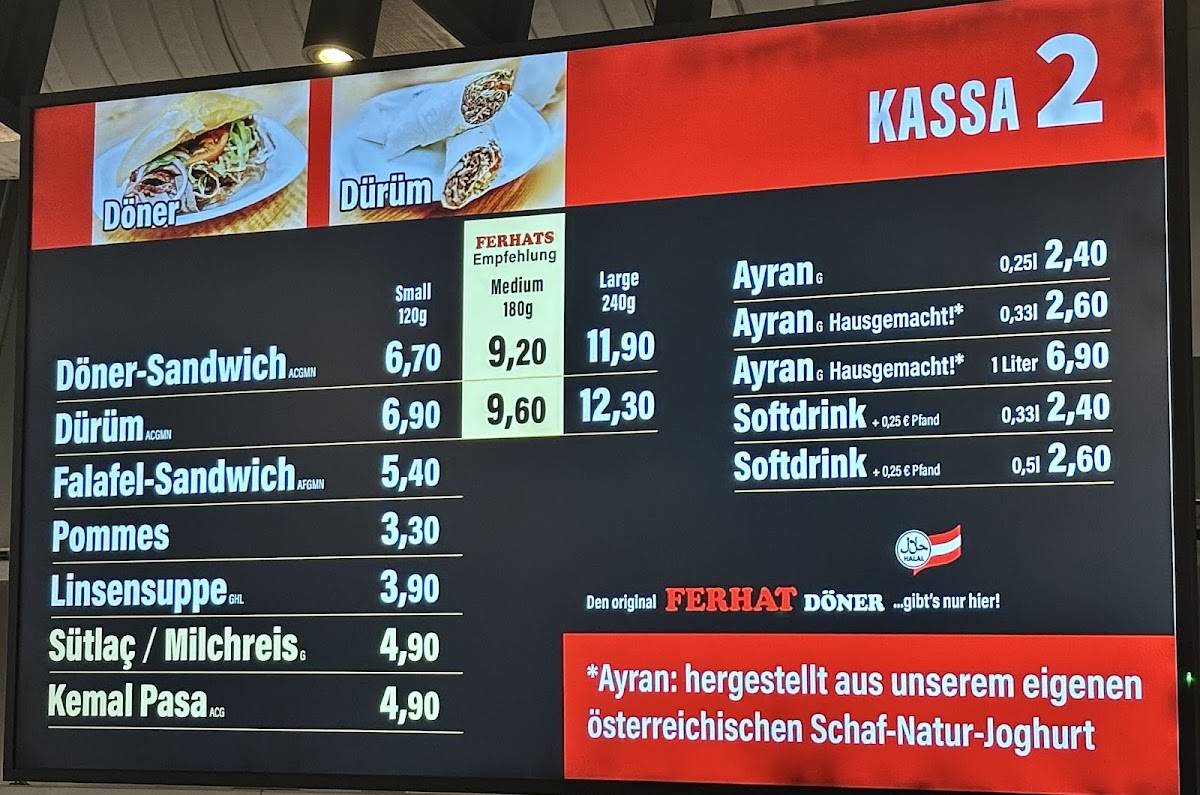 Speisekarte von FERHAT DÖNER restaurant, Wien, Favoritenstraße 94