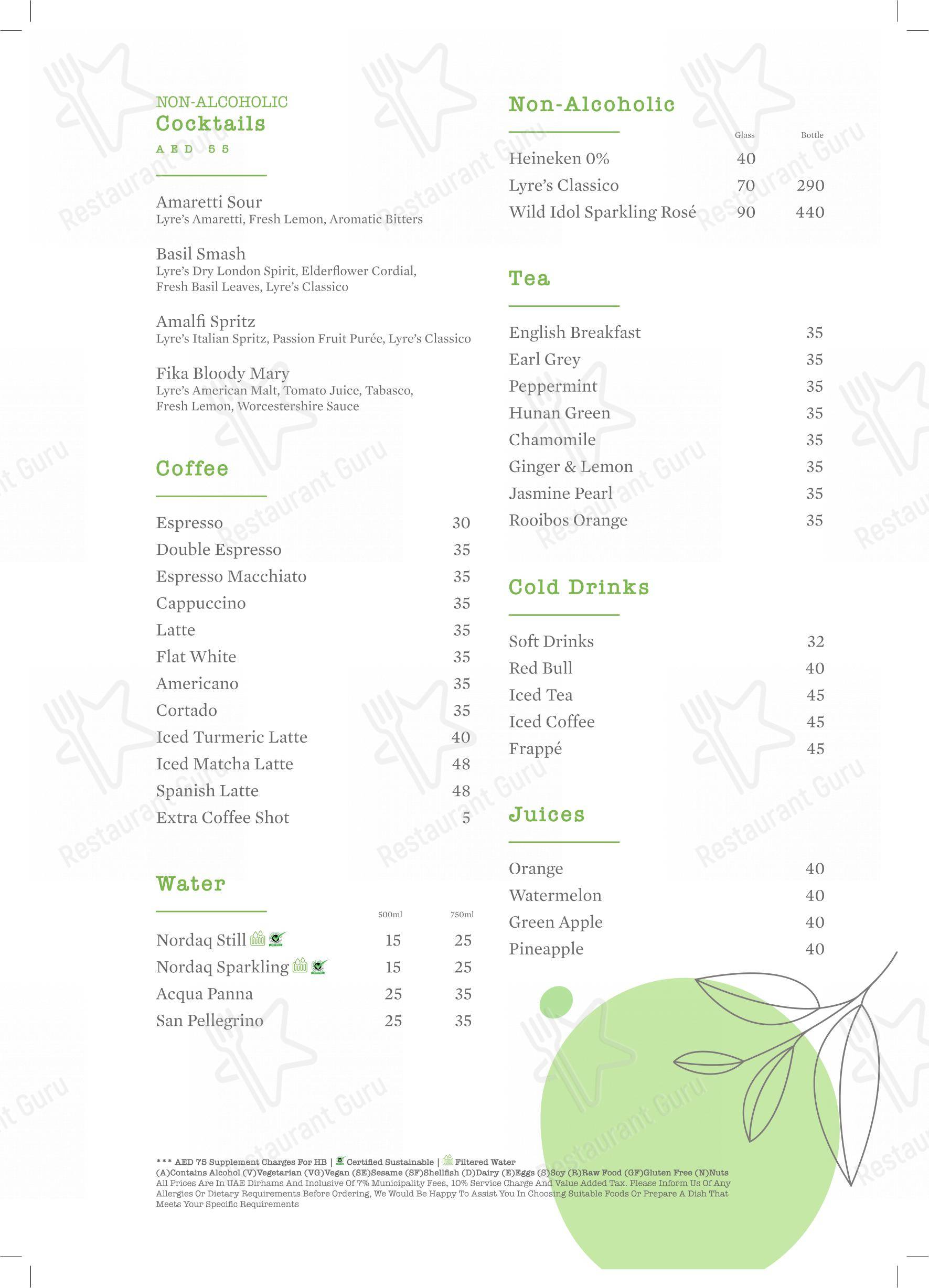 Menu at FIKA restaurant, Dubai, Jumeirah Beach Hotel - Jumeirah St