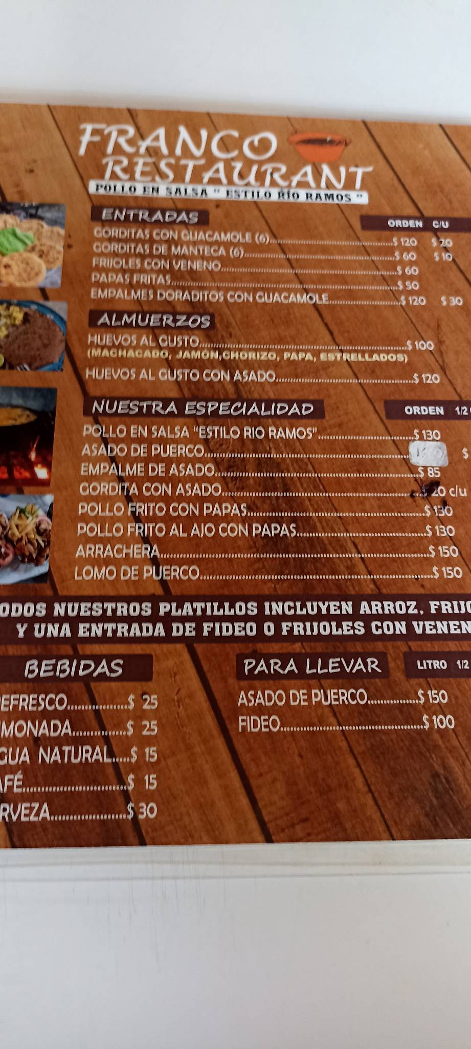 Carta de FRANCO RESTAURANT, Ciudad de Allende