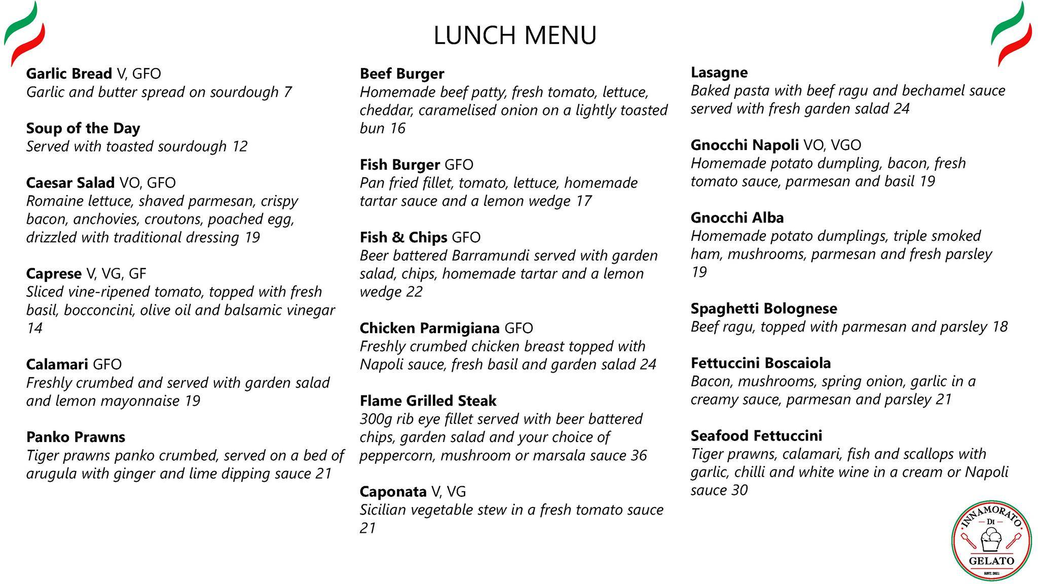 Menu at Familia Restaurant Café Gelati, Gladstone Central