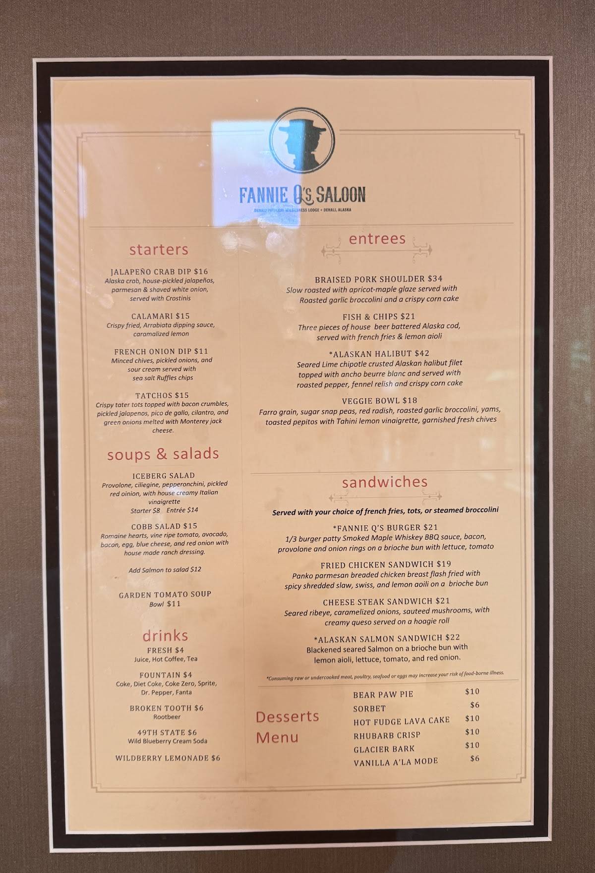 Menu at Fannie Q's Saloon - Denali Princess Lodge restaurant, McKinley Park