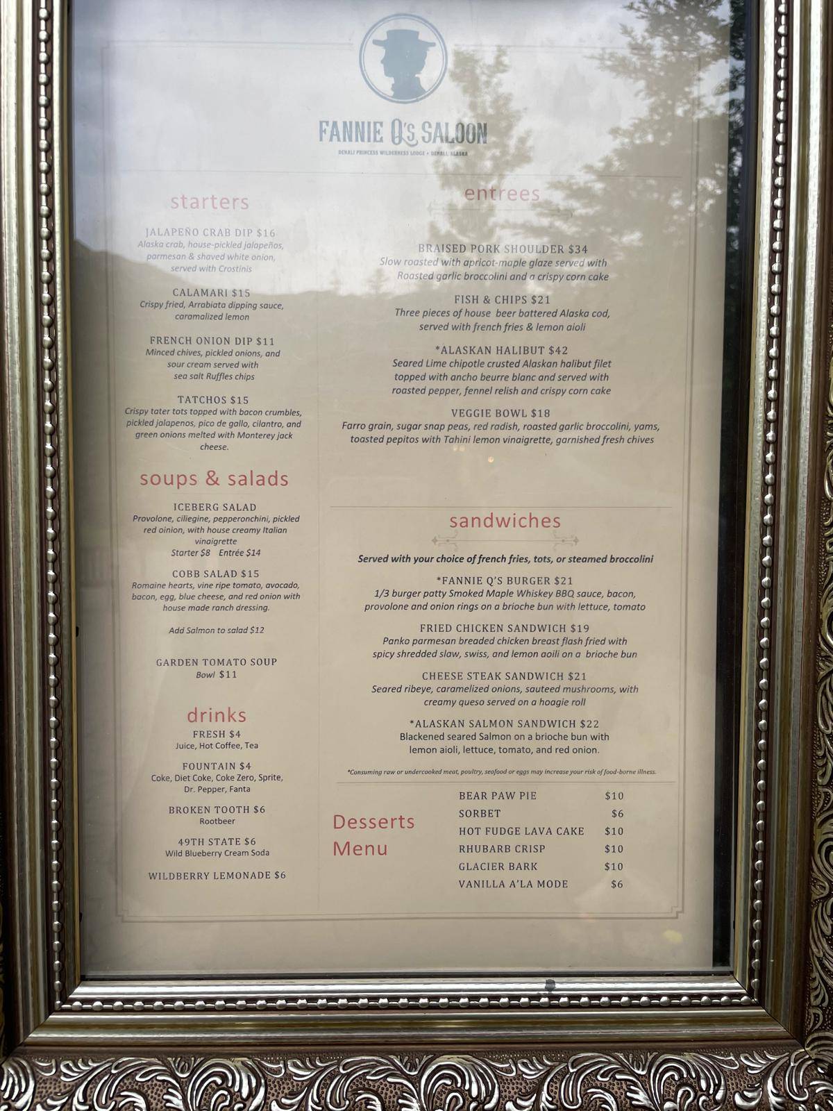 Menu at Fannie Q's Saloon - Denali Princess Lodge restaurant, McKinley Park