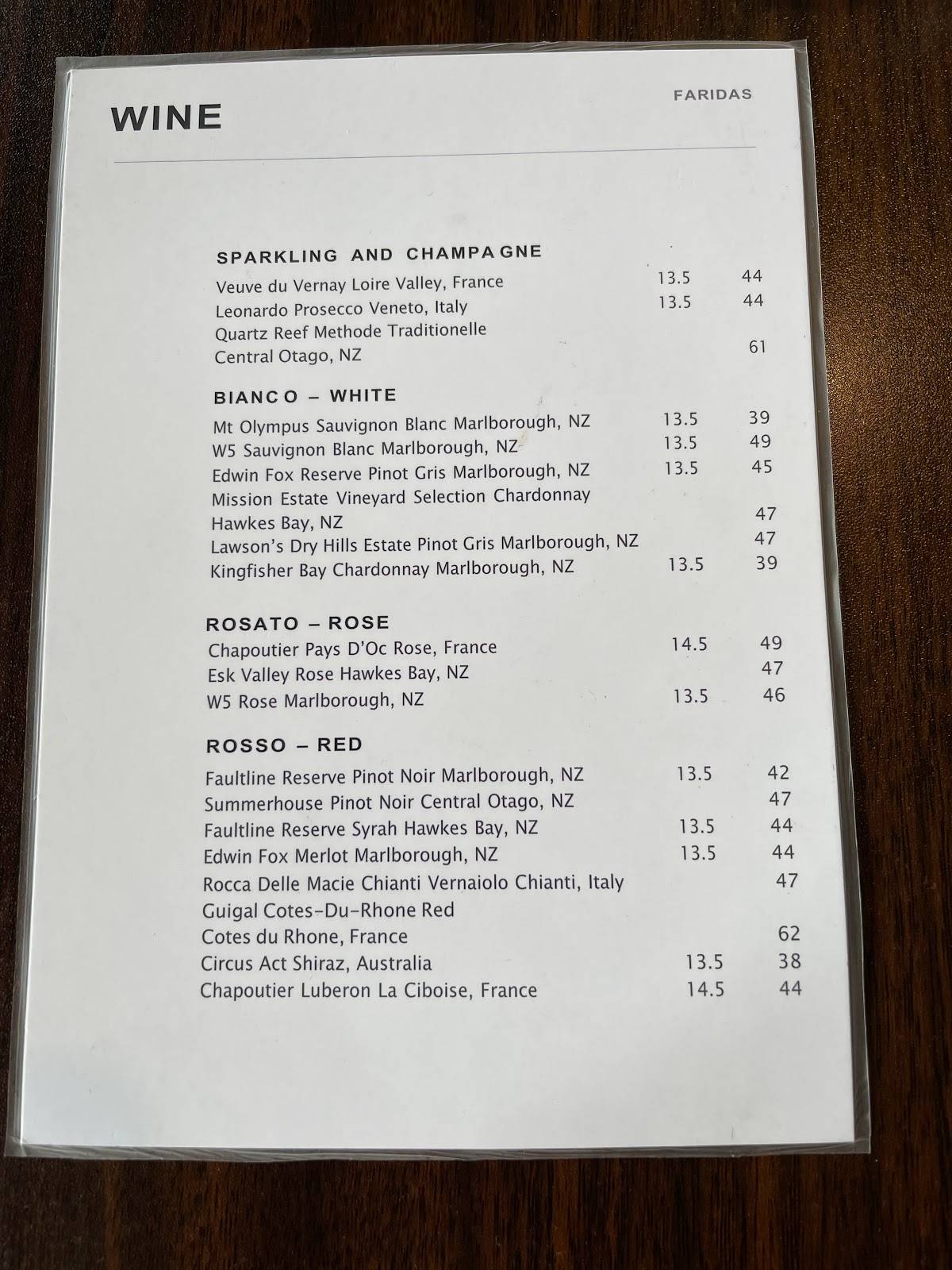Menu at Faridas restaurant, Orewa