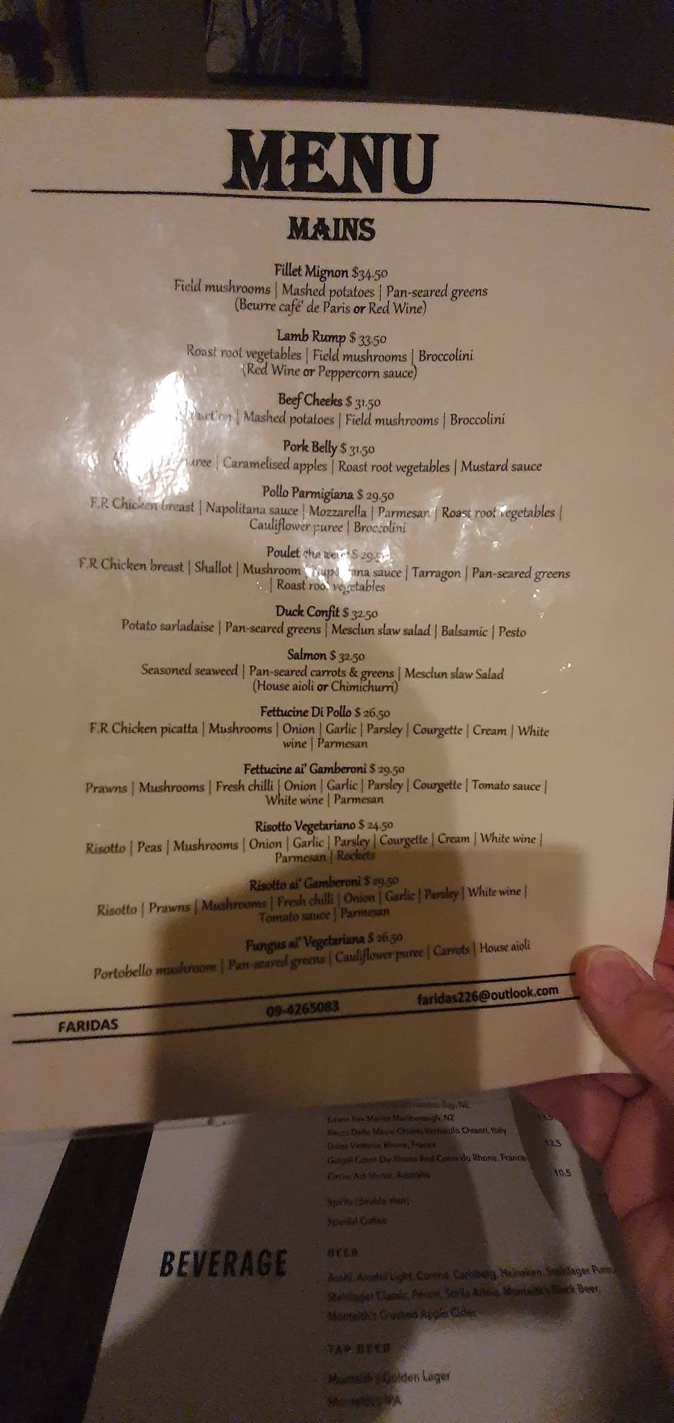 Menu at Faridas restaurant, Orewa
