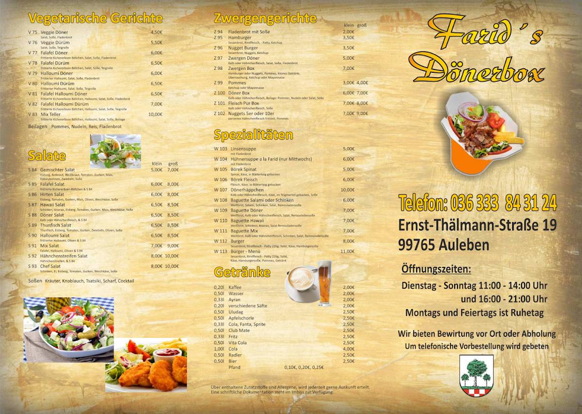 Menu at Farid's Dönerbox restaurant, Auleben