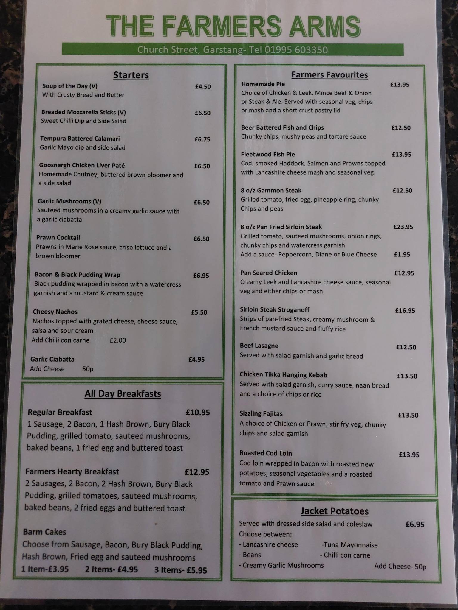 Menu at Farmers Arms pub & bar, Garstang
