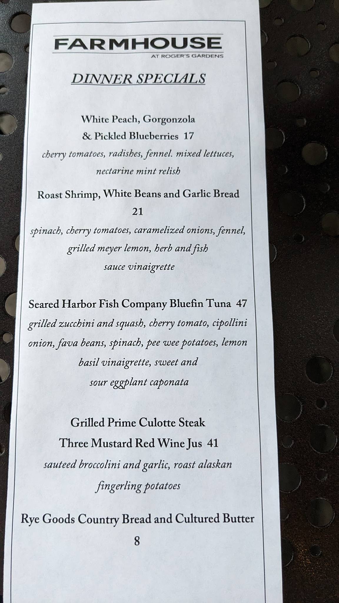 Menu at Farmhouse at Roger's Gardens restaurant, Newport Beach