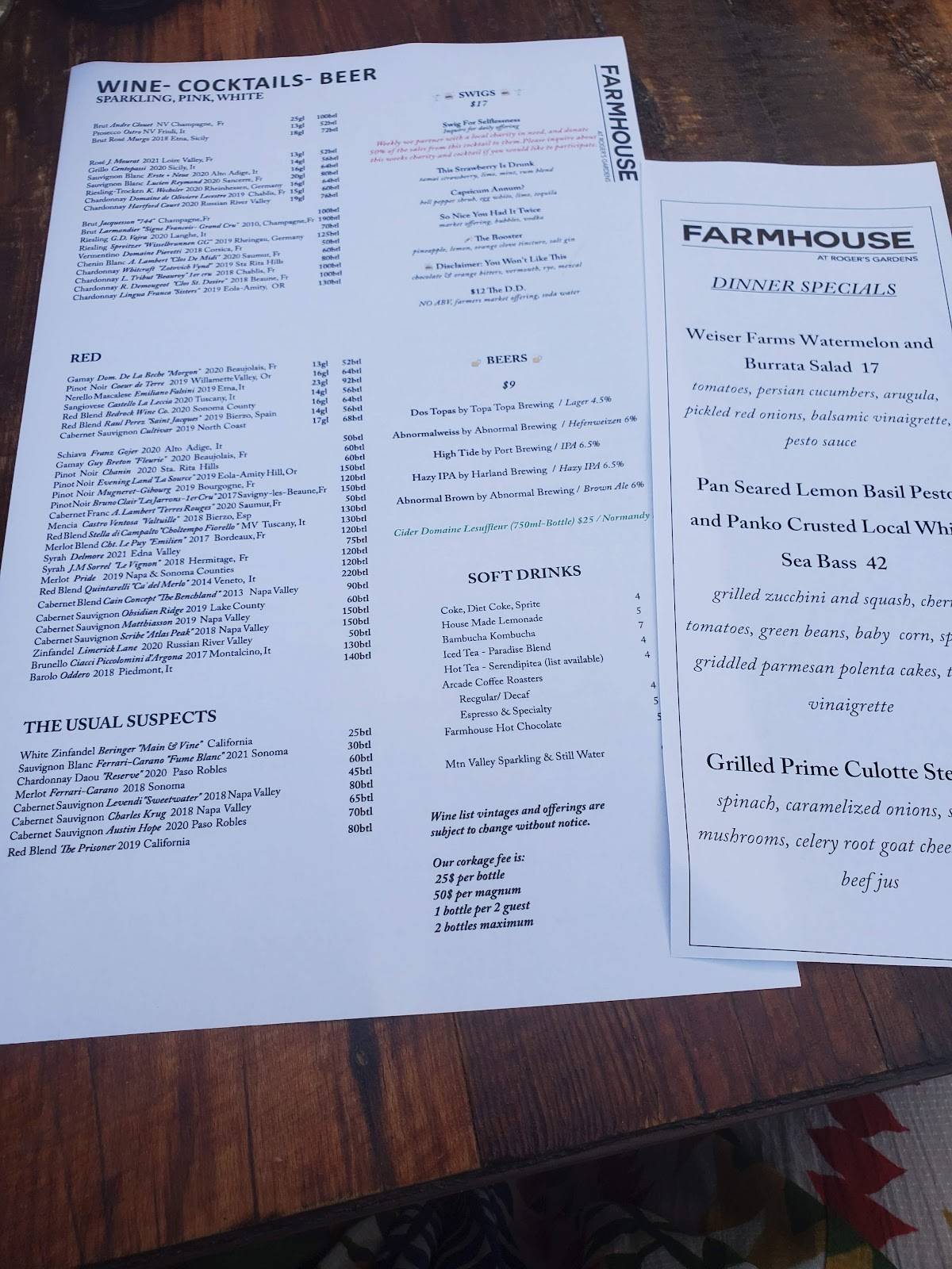 Menu at Farmhouse at Roger's Gardens restaurant, Newport Beach