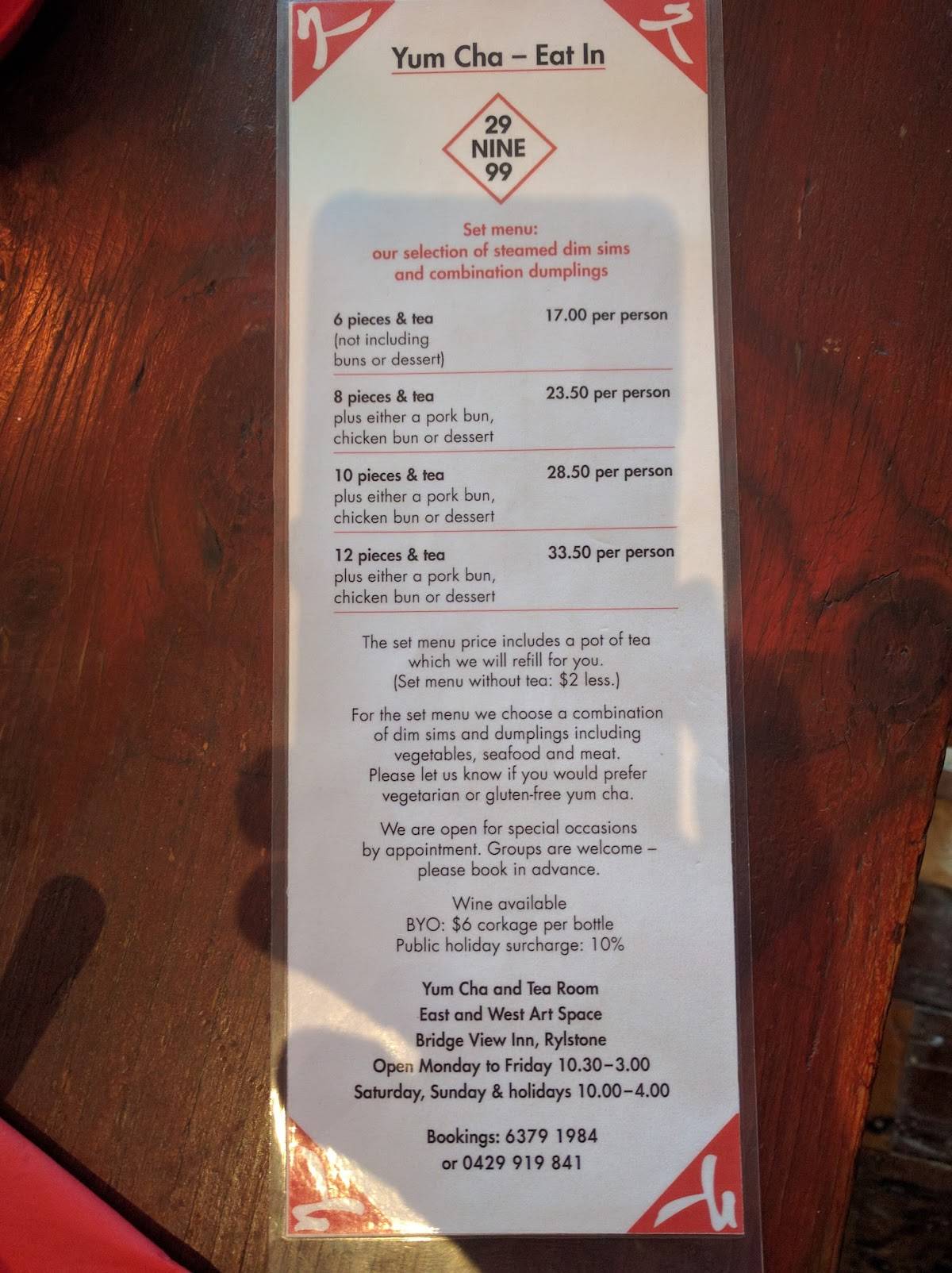 Menu at 29 Nine 99 Yum Cha & Tea House fast food, Rylstone