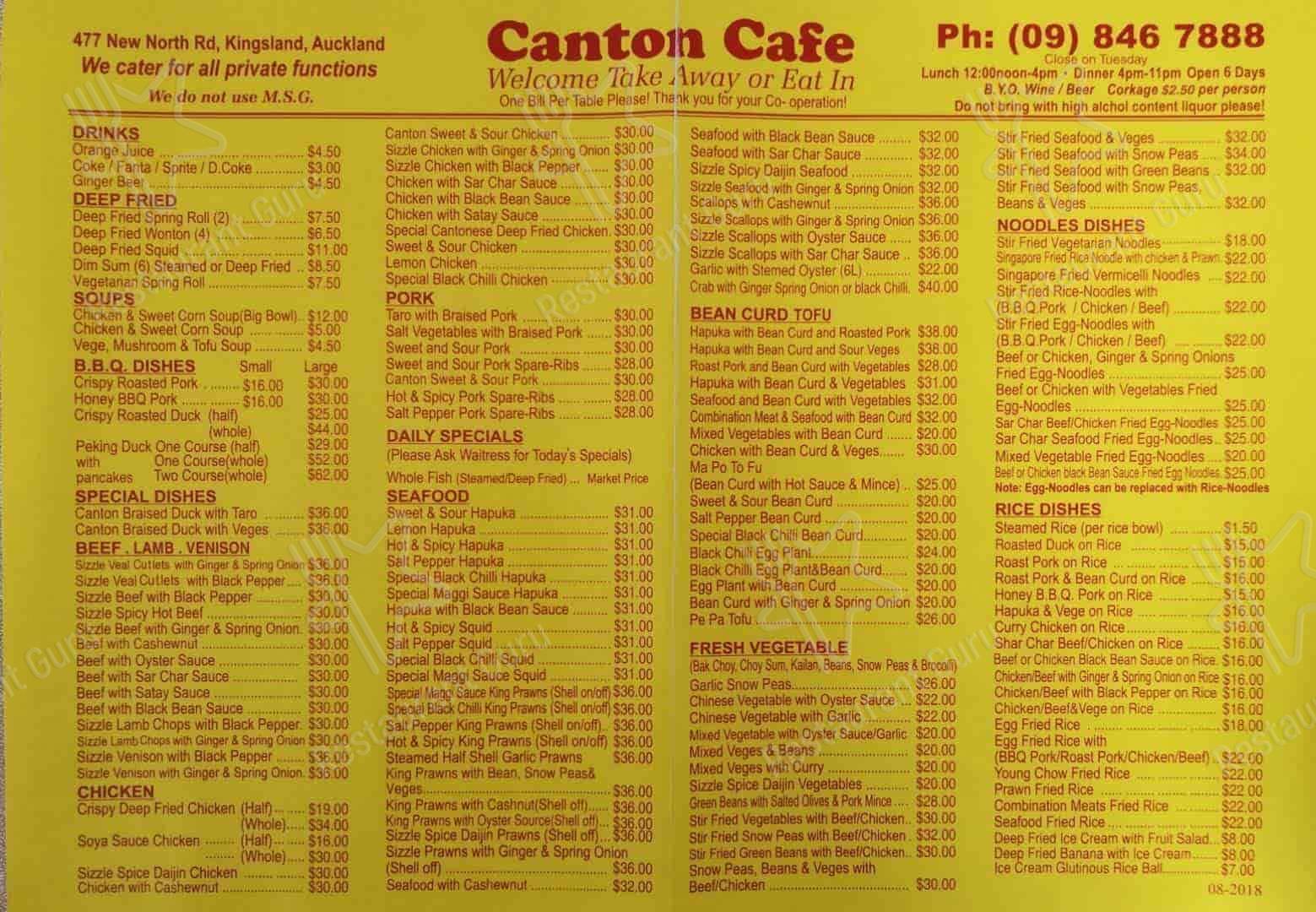 Menu at Canton Cafe, Auckland, 477 New N Rd