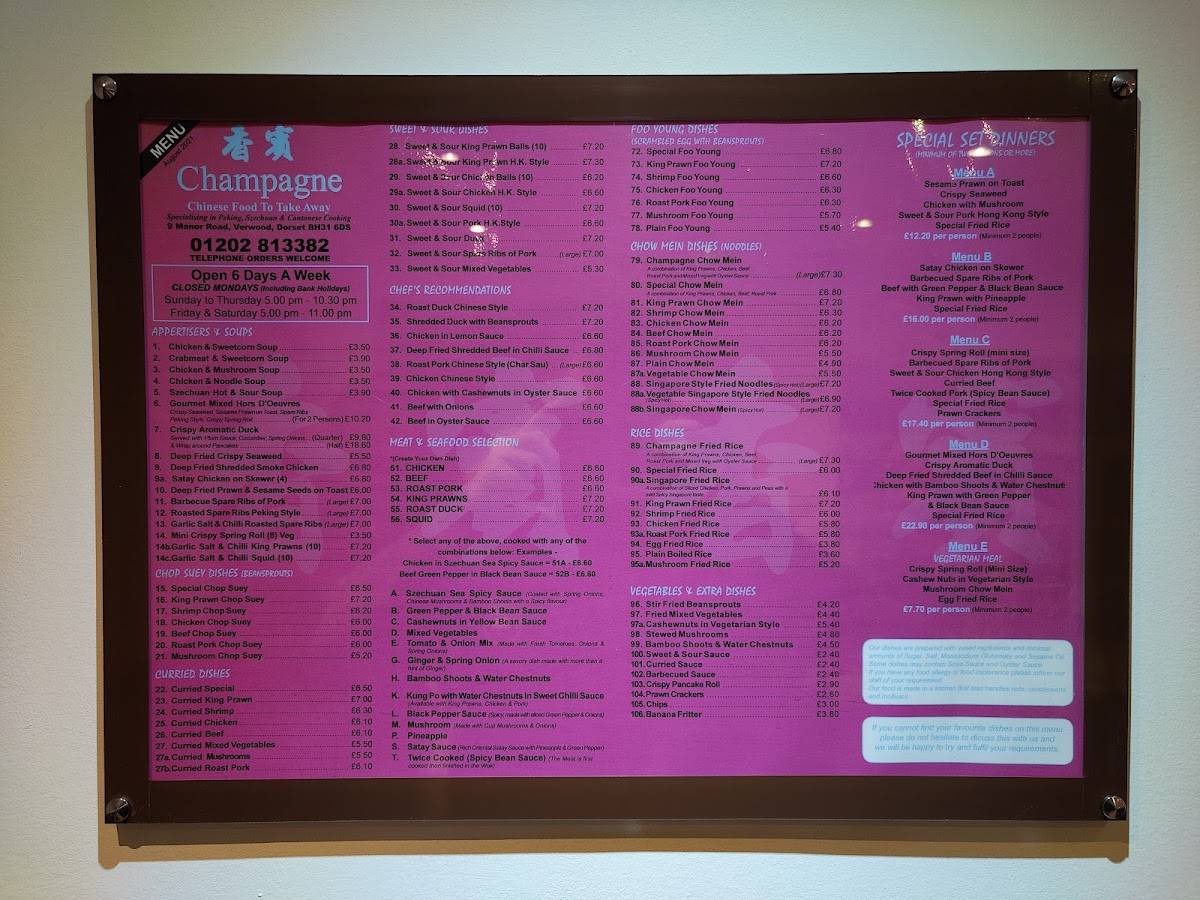Menu at Champagne Chinese Takeaway fast food, Verwood
