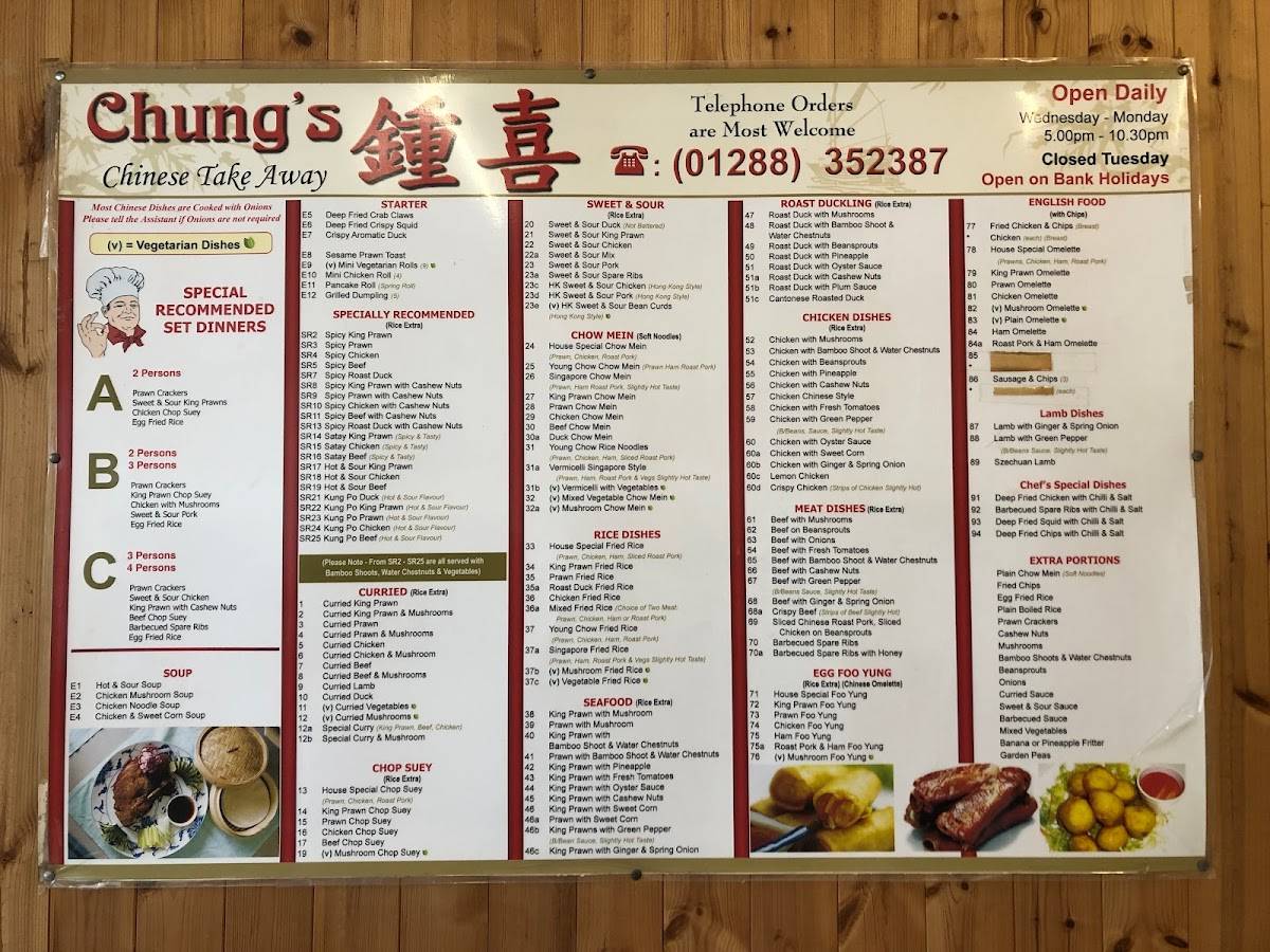 Menu at Chung's fast food, Bude