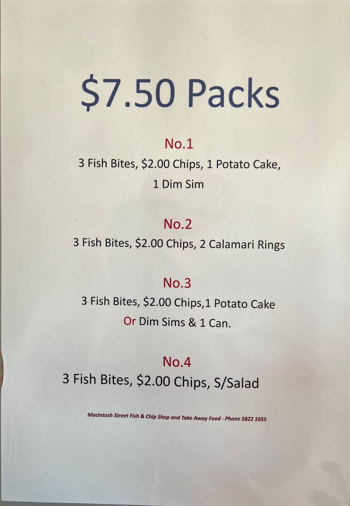 Menu at Macintosh Take Away fast food, Shepparton