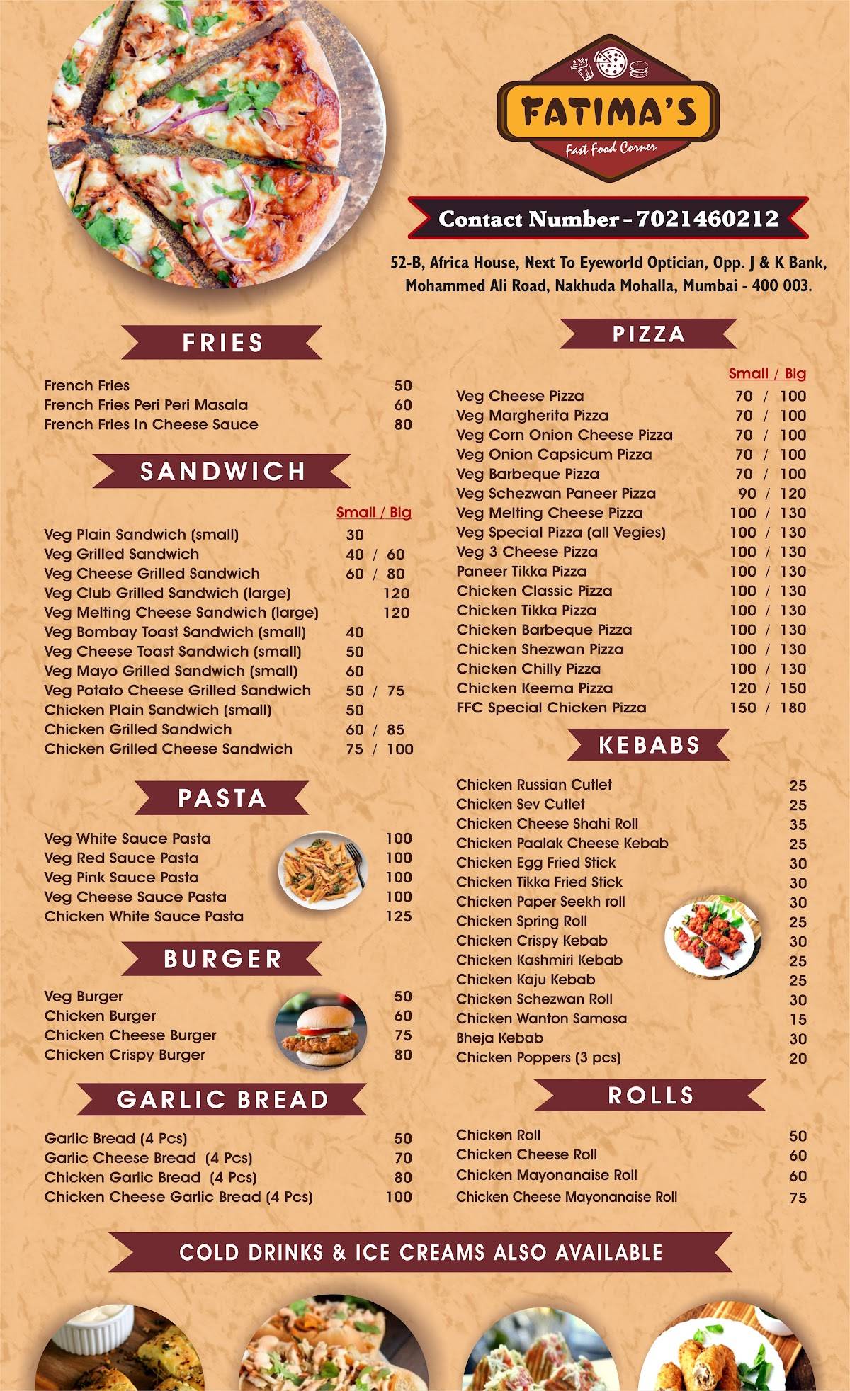 Menu at Fatima's Fast Food Corner, Mumbai