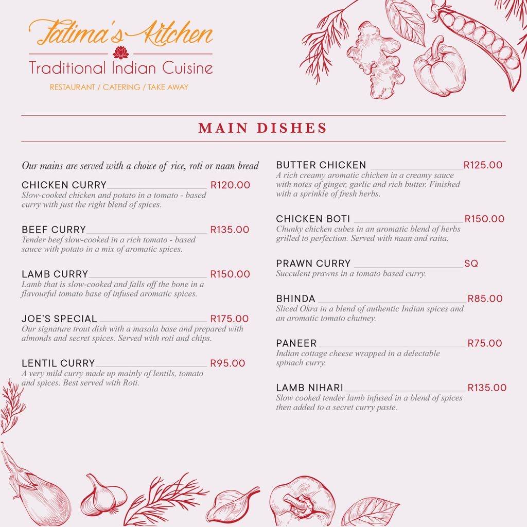 Menu at Fatima's Kitchen restaurant, Dullstroom