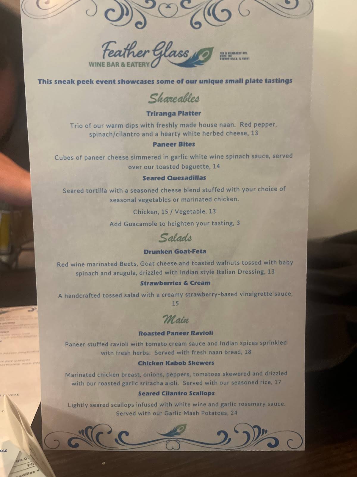 Menu at Feather Glass Wine Bar & Eatery, Vernon Hills