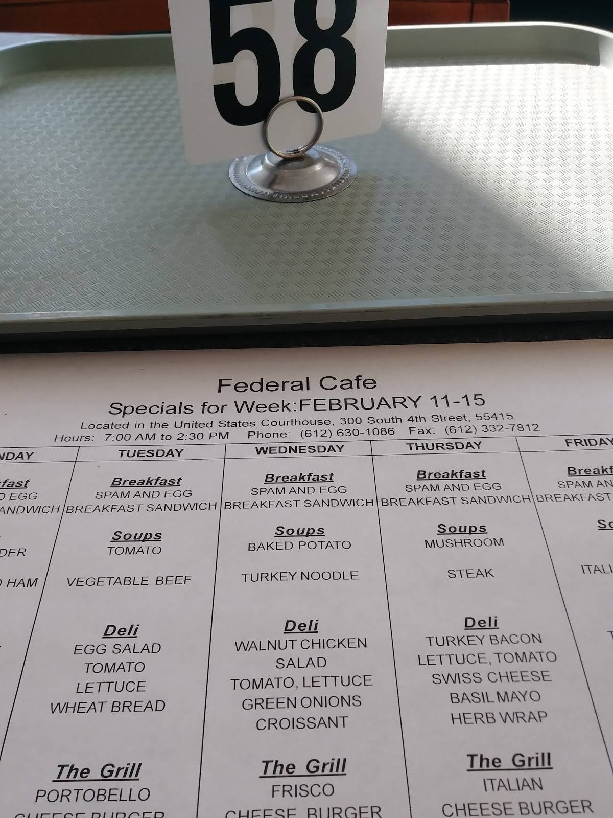 Menu at Federal Cafe, Minneapolis