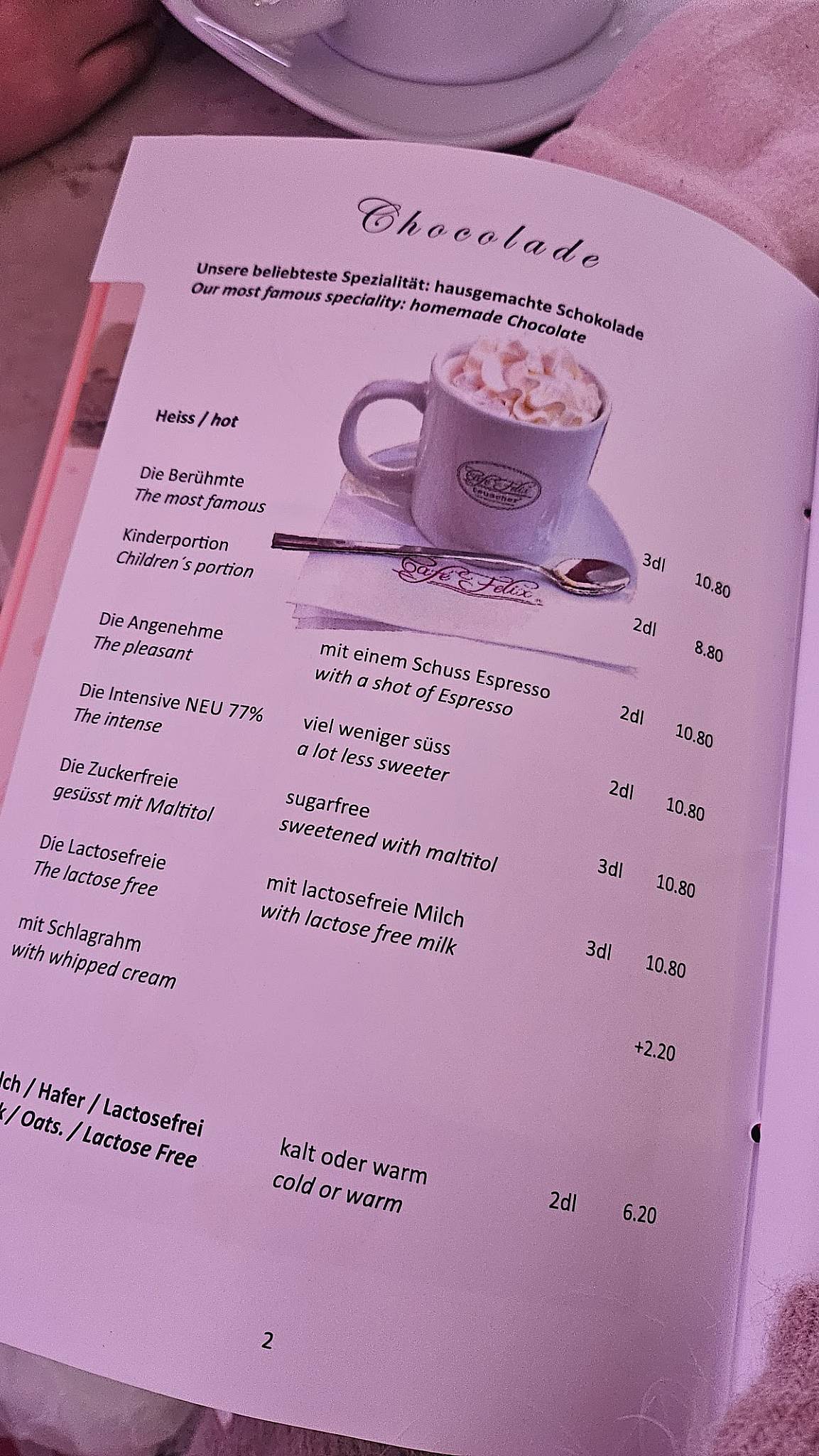 Speisekarte von Felix Café am Bellevue, Zürich, Bellevuepl. 5