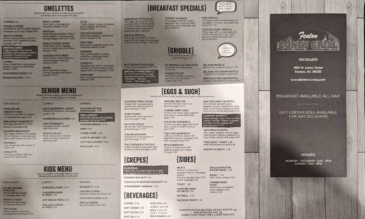 Menu at Fenton Coney Grill restaurant, Fenton, N Leroy St