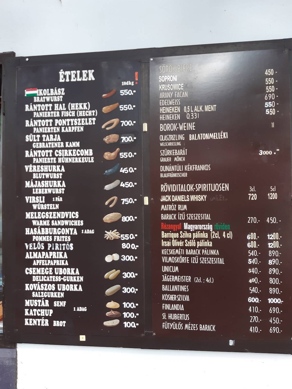 Menu at Fenyves Büfé restaurant, Balatongyörök