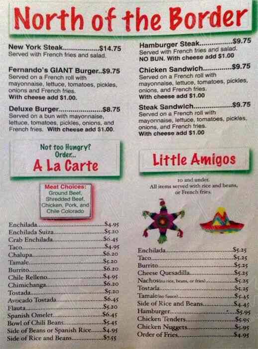 Menu at Fernando's Méxican Restaurant, San Mateo