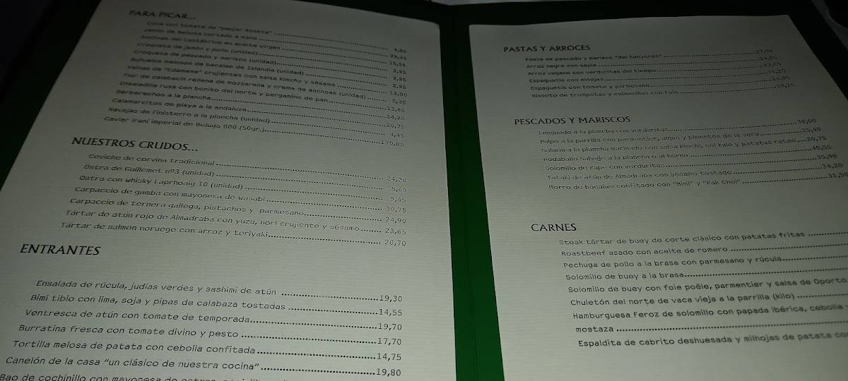 Menu at Feroz Barcelona, Barcelona