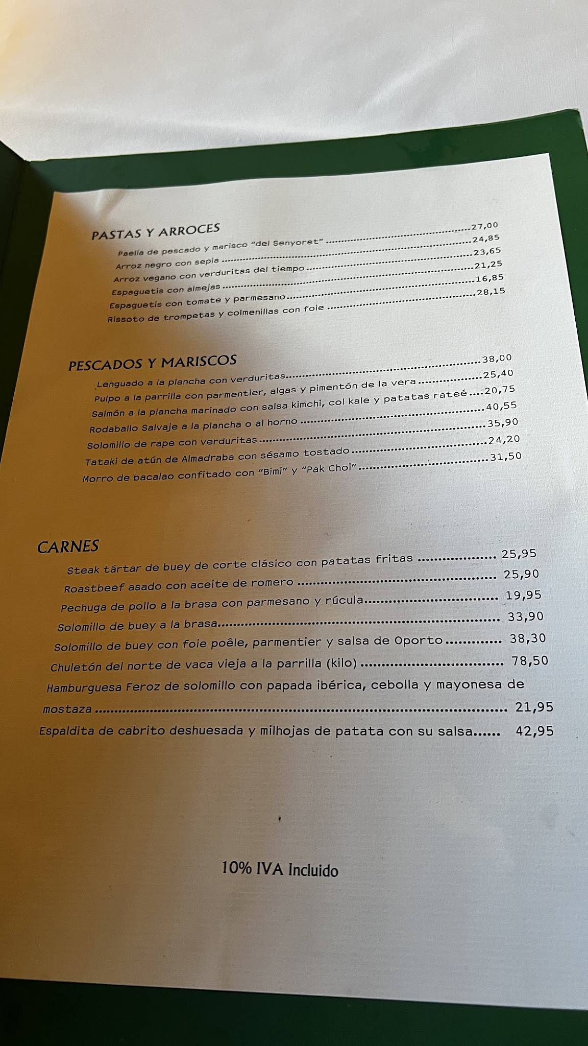 Menu at Feroz Barcelona, Barcelona