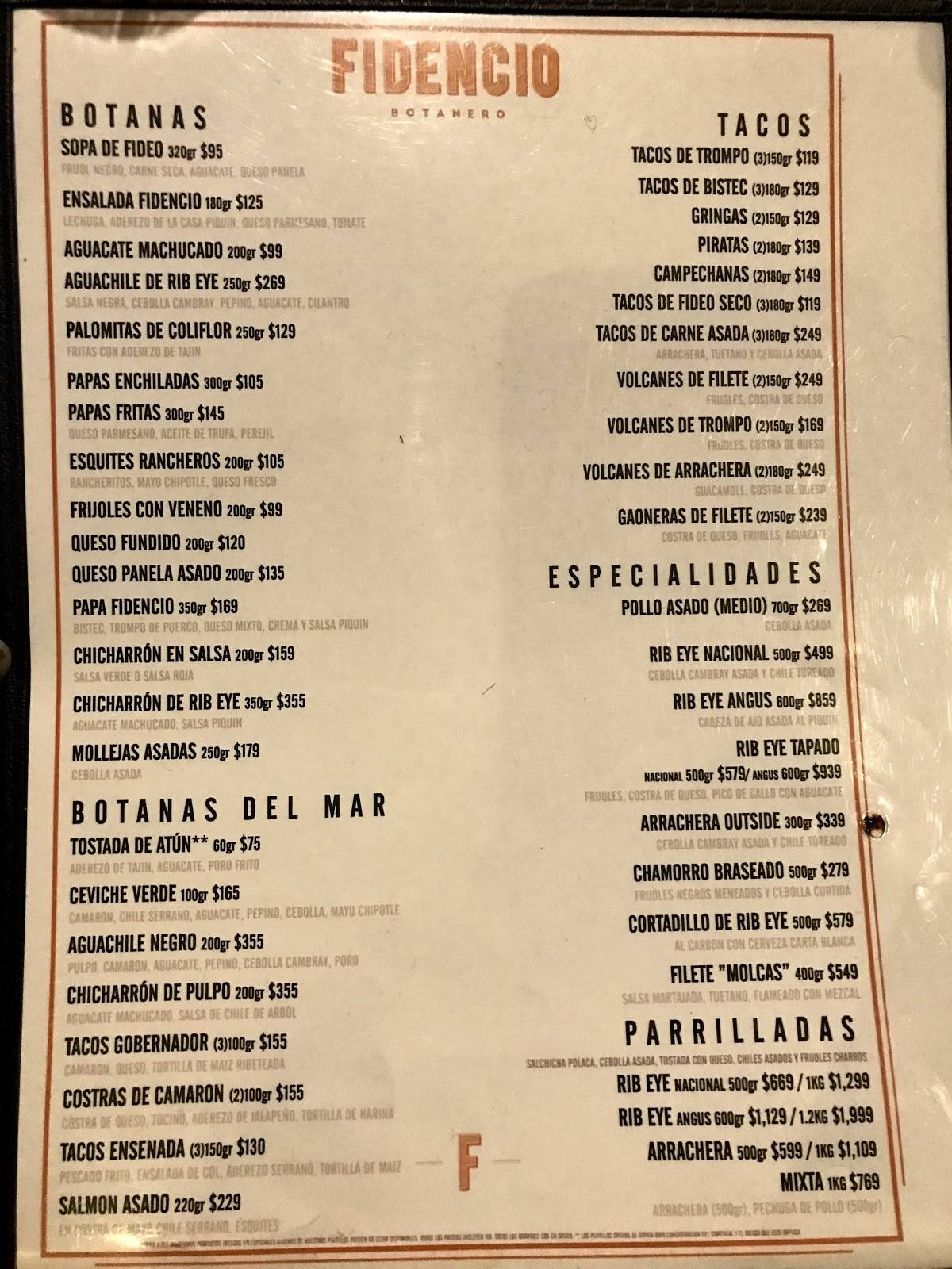 Carta del restaurante Fidencio Botanero Contry, Monterrey, Av. Alfonso ...
